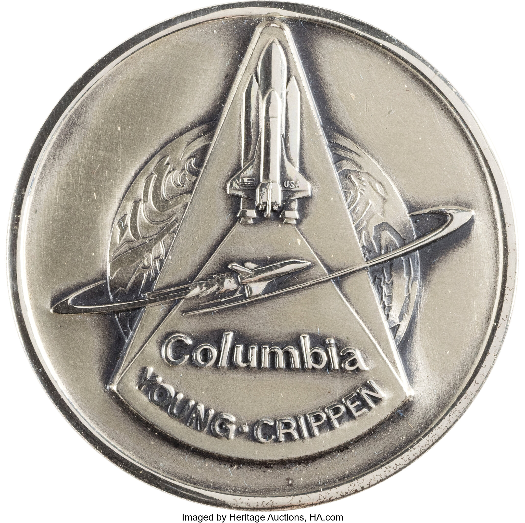 Space Shuttle Columbia (STS-1) Flown Silver Robbins Medallion | Lot ...
