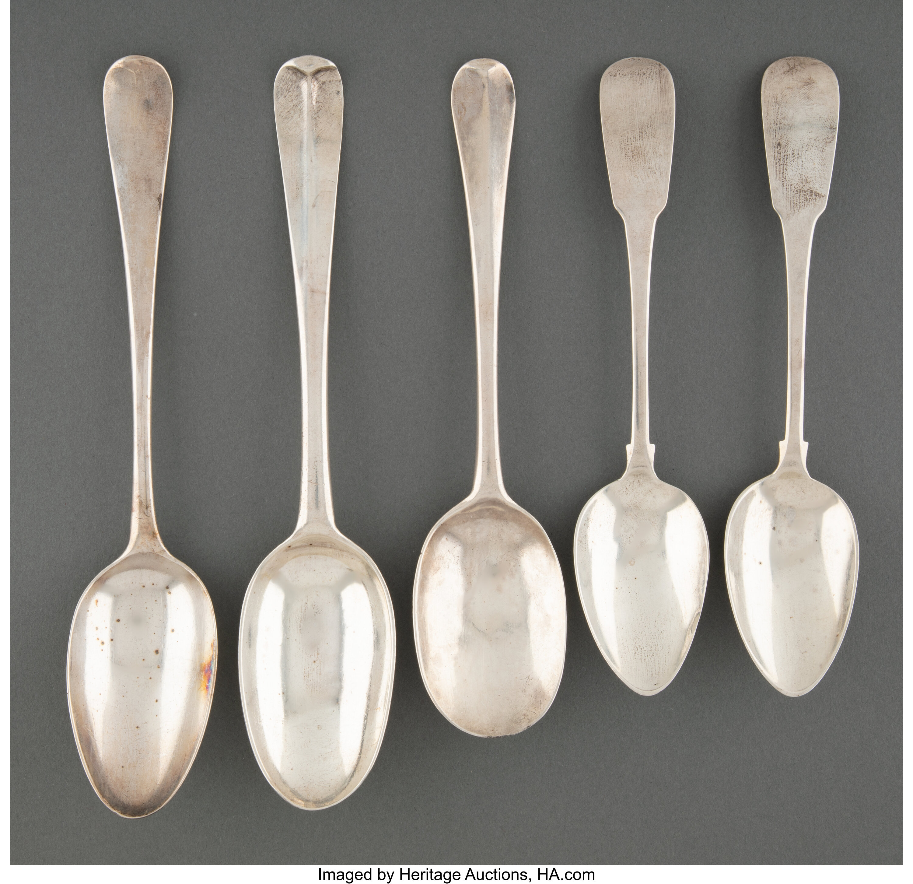 Five English and Irish Silver Spoons, 18th and early 19th century ...
