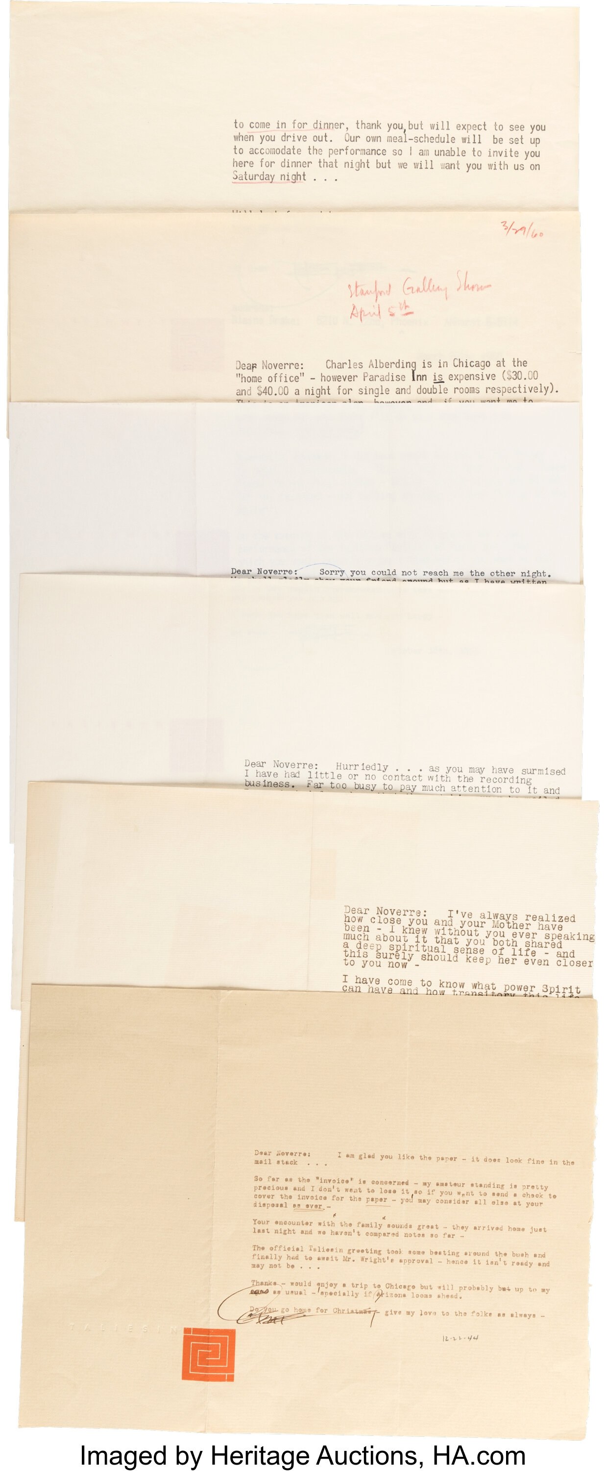 [Frank Lloyd Wright]. Blaine Drake Collection of Typed Letters | Lot ...