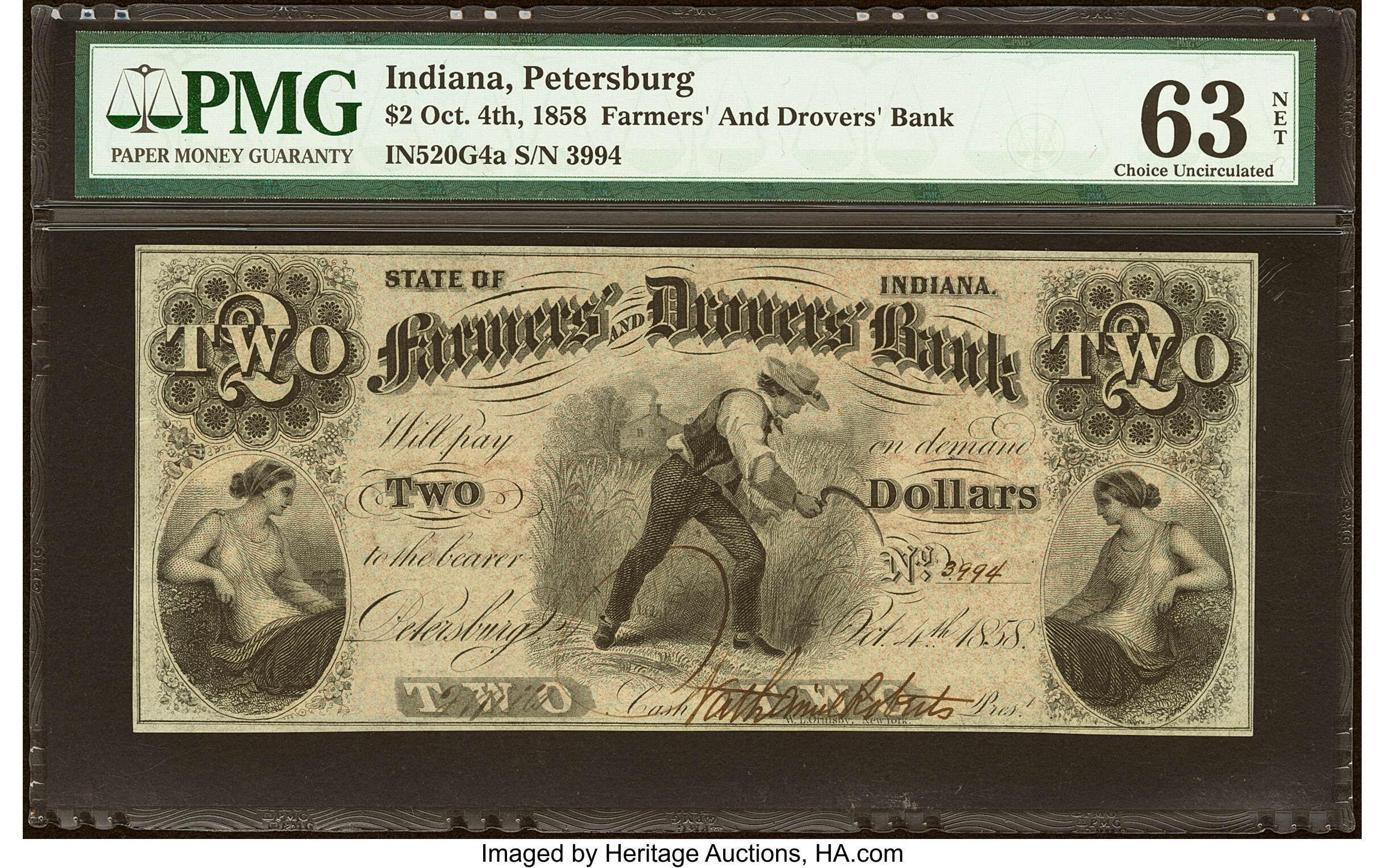 Petersburg, IN- Farmers' and Drovers' Bank $2 Oct. 4, 1858 G4a PMG ...