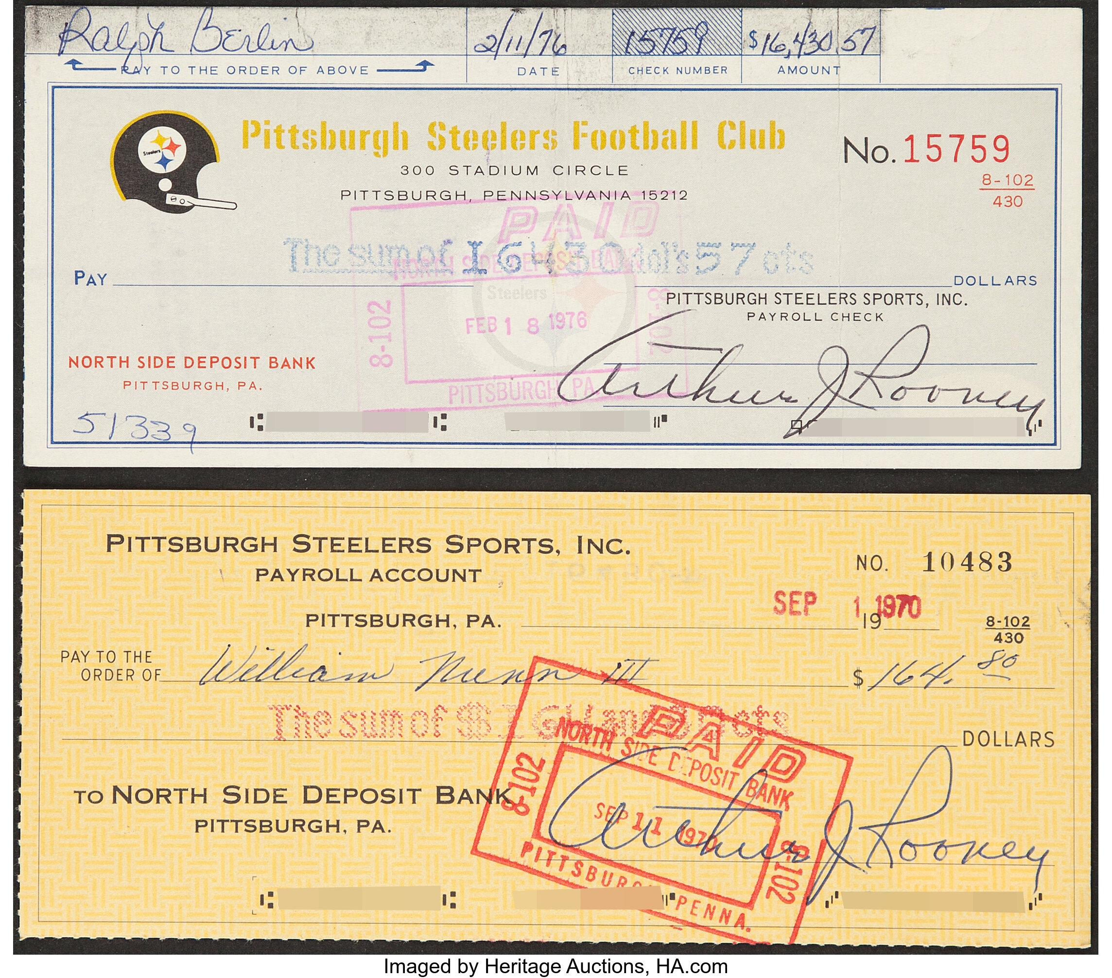 1970-76 Art Rooney Signed Pittsburgh Steelers Payroll Checks Lot of ...
