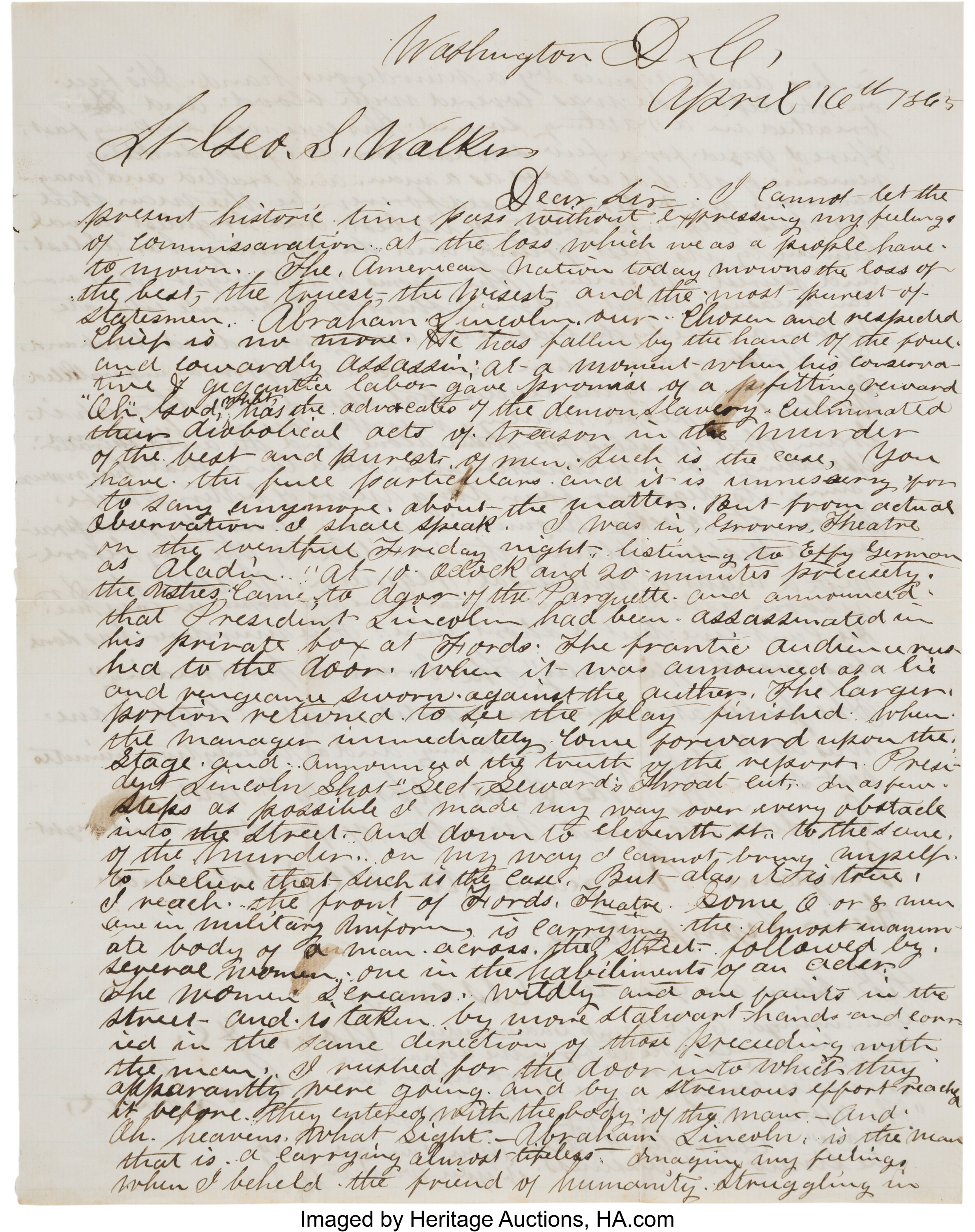 [Abraham Lincoln]. Eyewitness account of Lincoln's body being | Lot ...