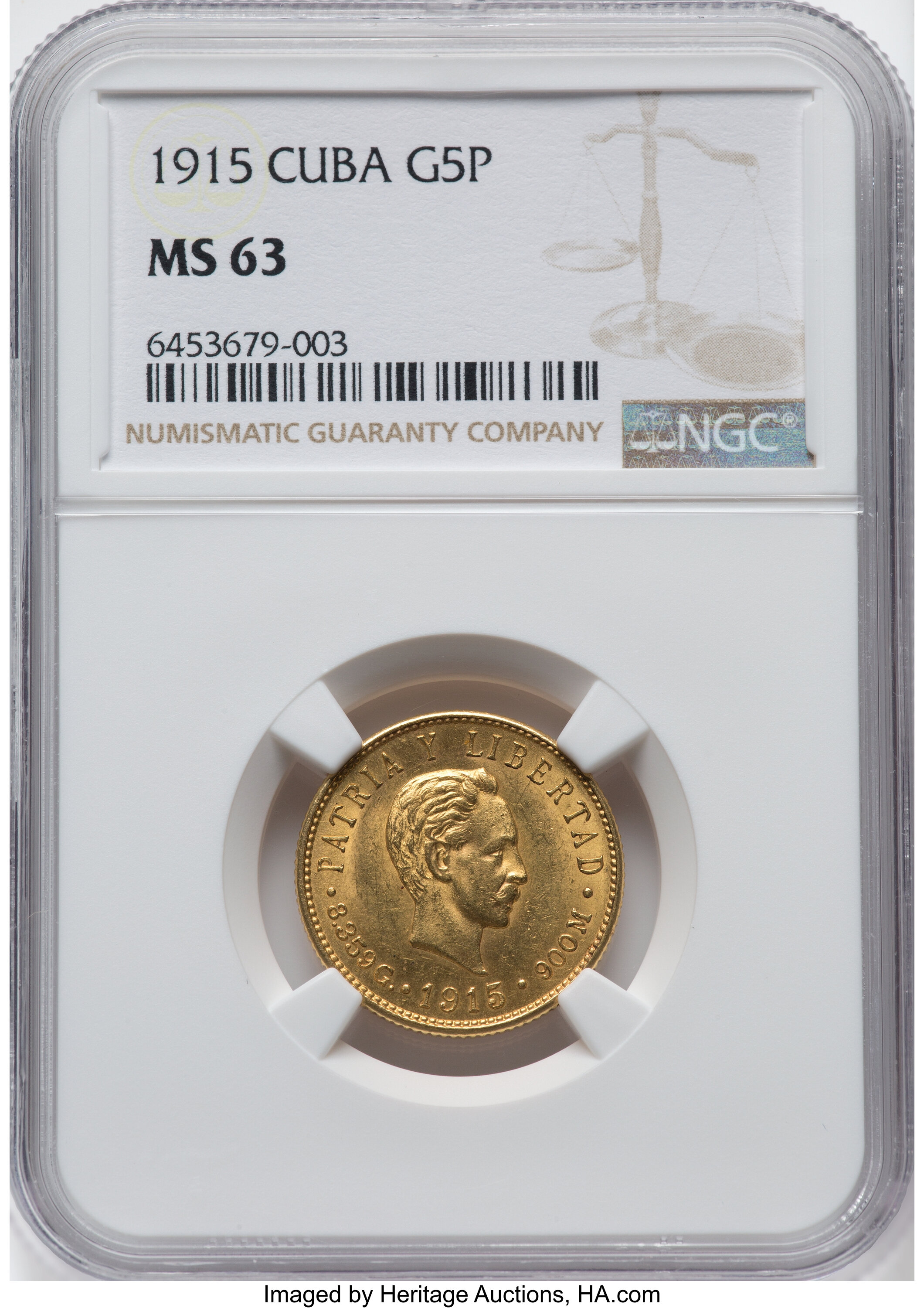 Cuba: Republic gold 5 Pesos 1915 MS63 NGC,... Cuba | Lot #64348 ...