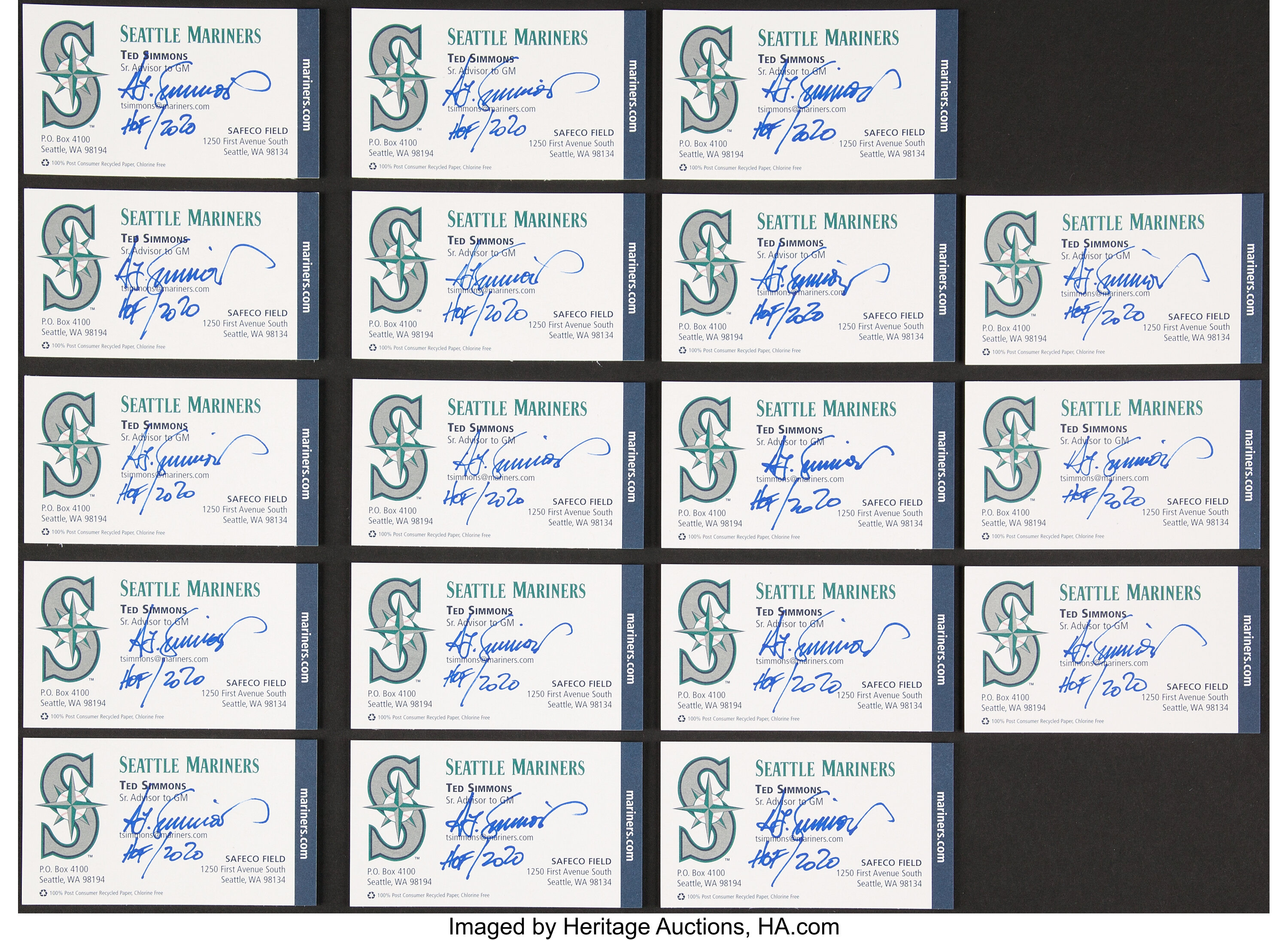 Circa 2010 Ted Simmons Signed Seattle Mariners Business Cards - 400 ...