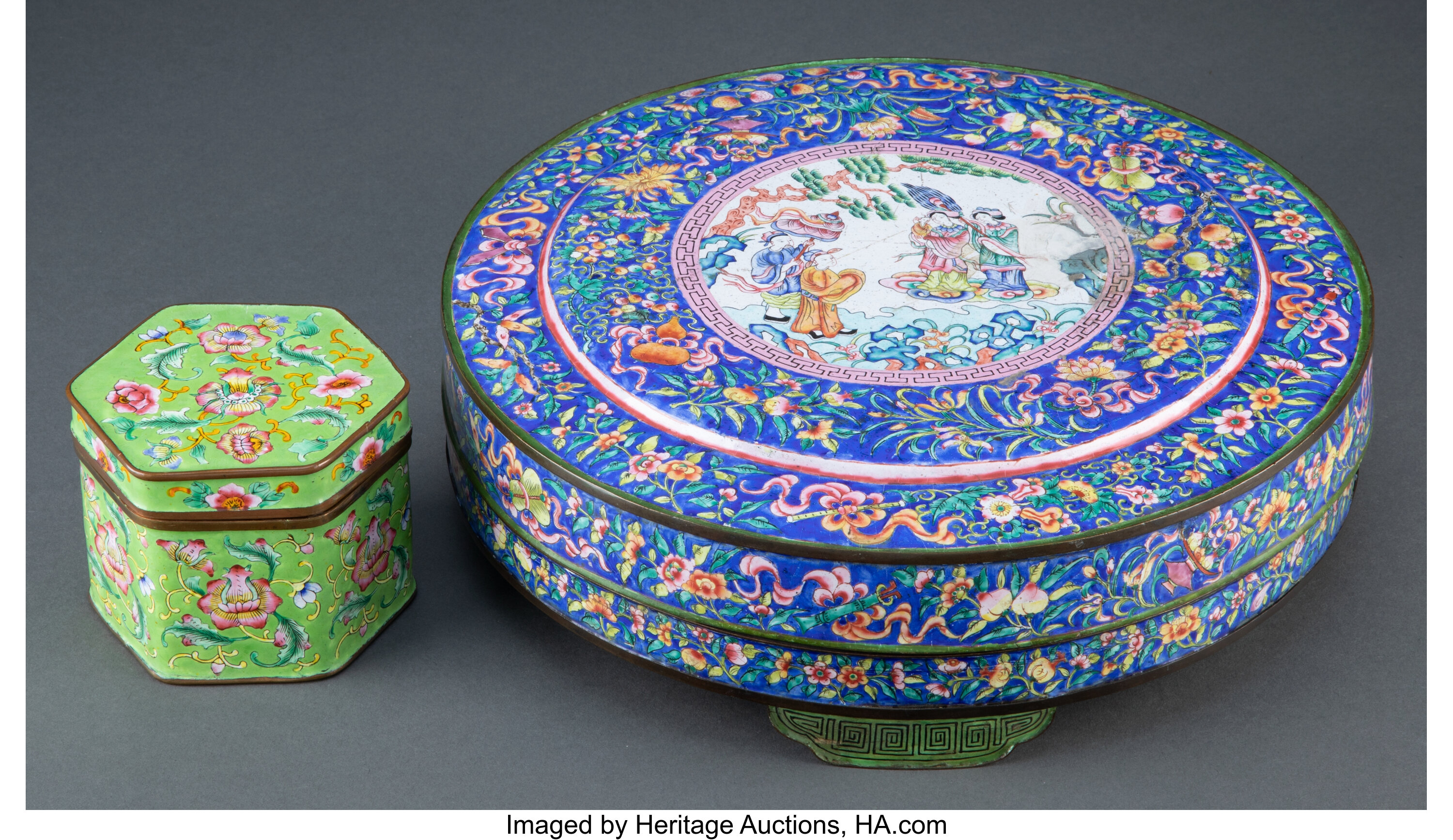 Two Chinese Enameled Metal Boxes. Marks to smaller: MADE IN | LotID ...