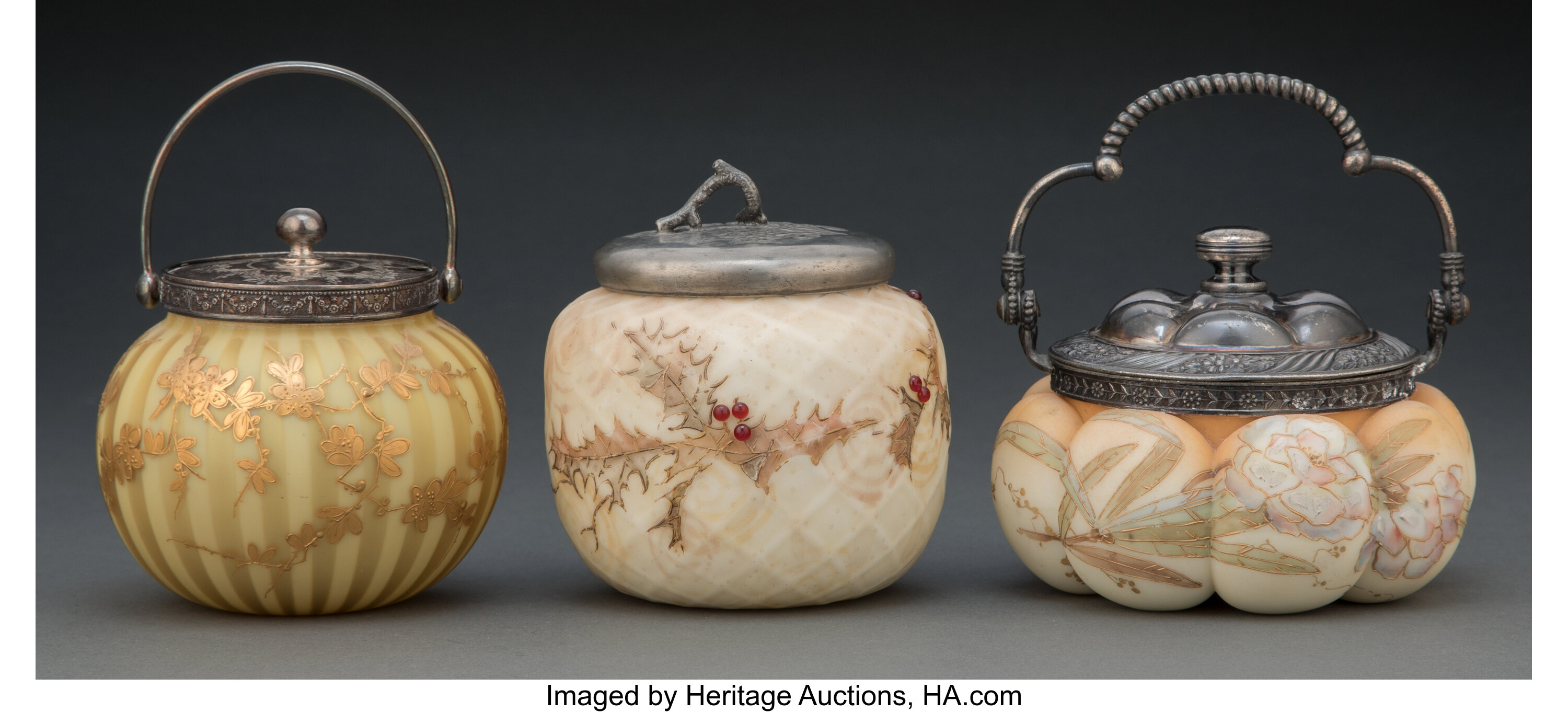 Three Victorian Partial Gilt and Enameled Glass Covered Jars, late ...