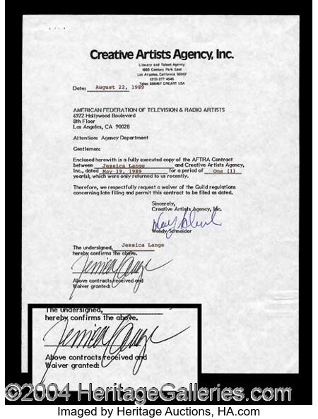 Jessica Lange Signed Document Autographs | Lot #260 | Heritage Auctions