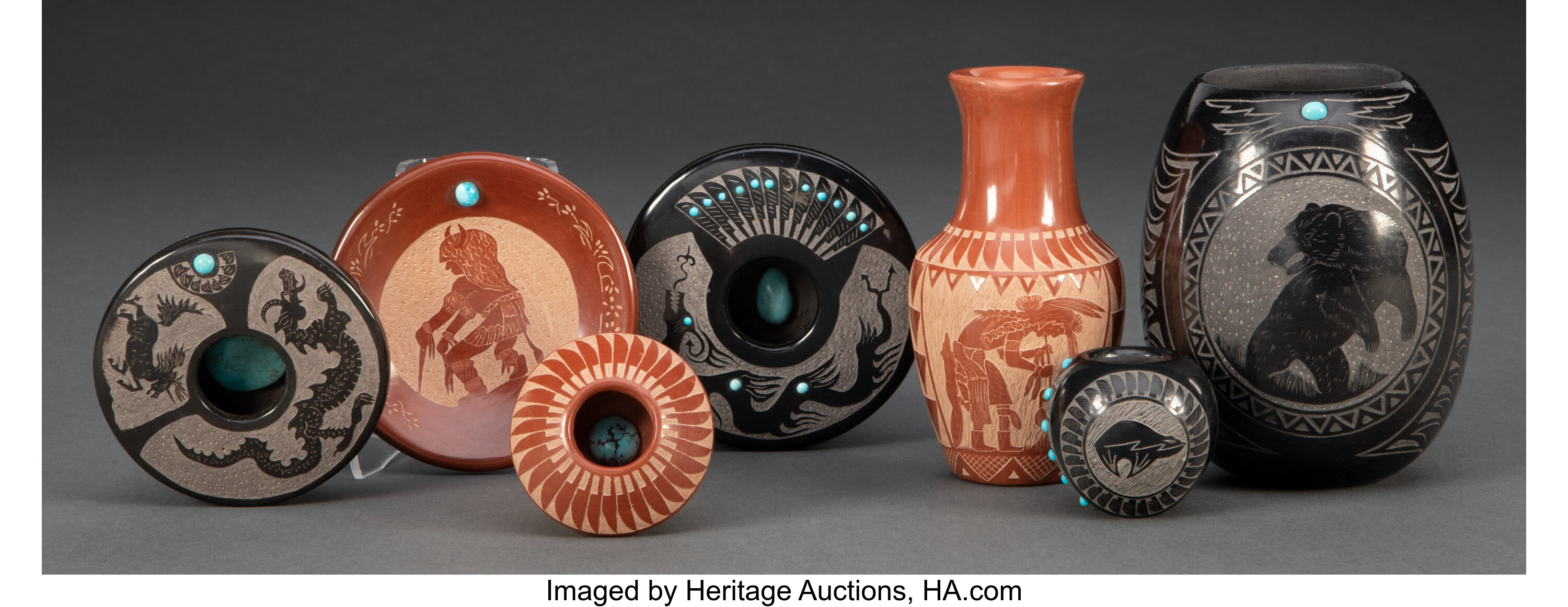 Seven Red/Blackware Pottery Items ... (Total: 7 ) American Indian | Lot ...