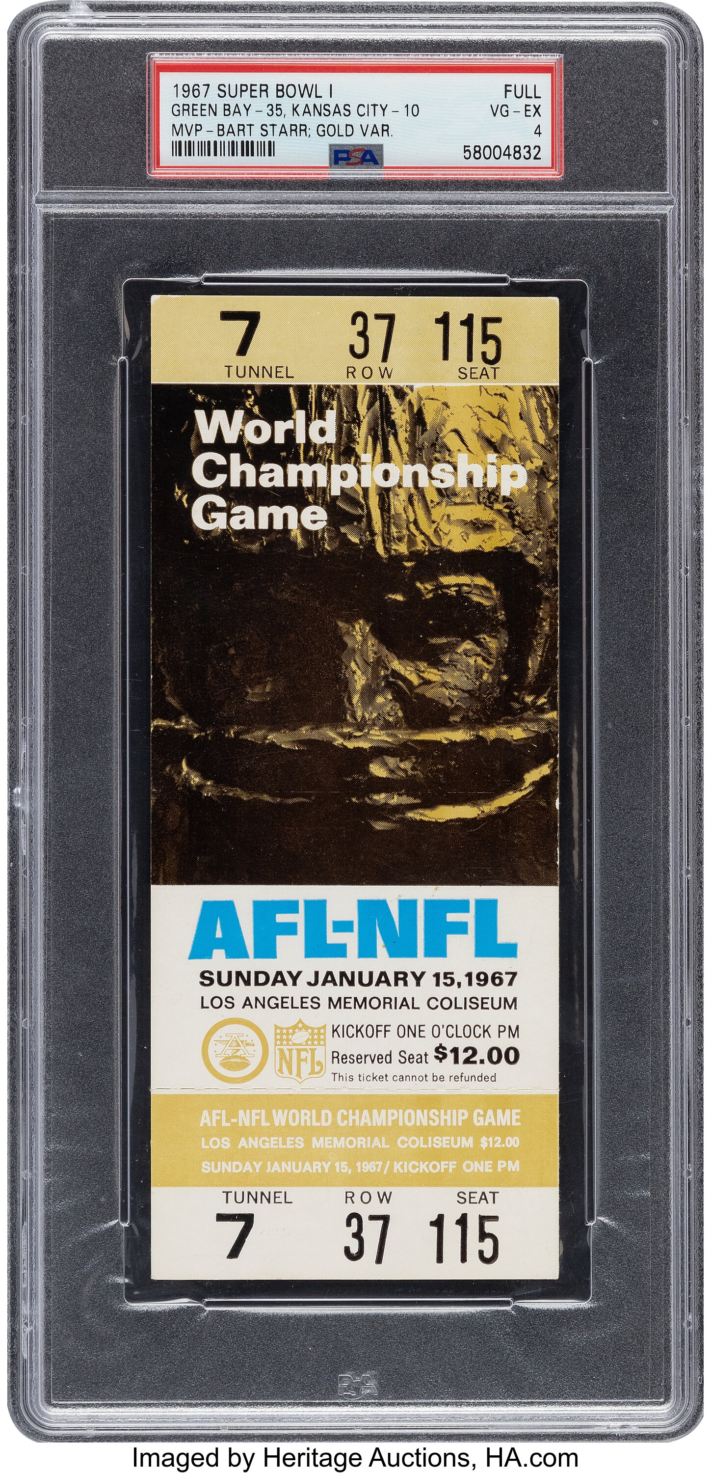 1967 Super Bowl I Full Ticket, PSA VG-EX 4. ... Football | Lot #80691 ...