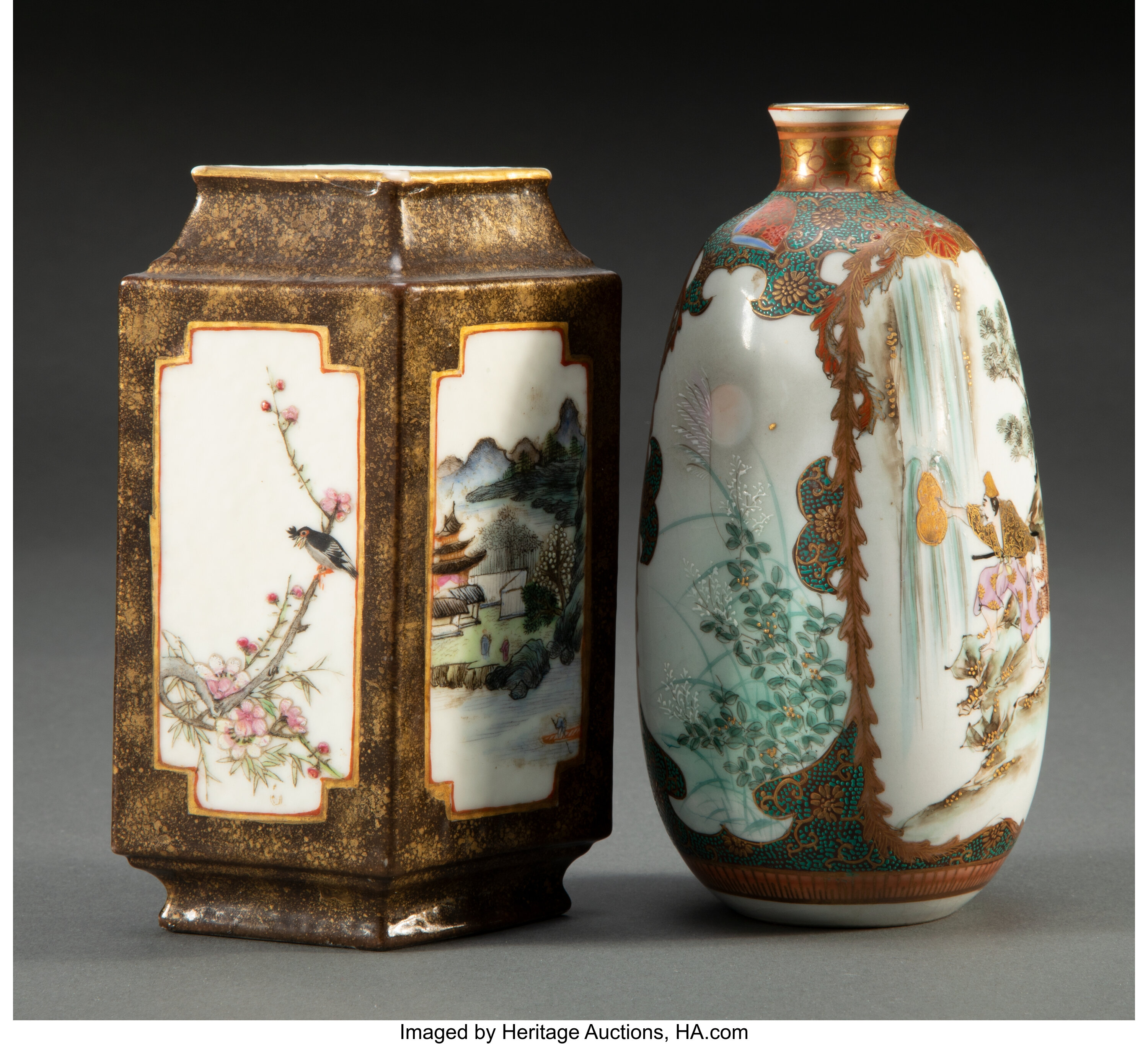 Two Small Japanese Satsuma Porcelain Vases. Marks: (character marks ...