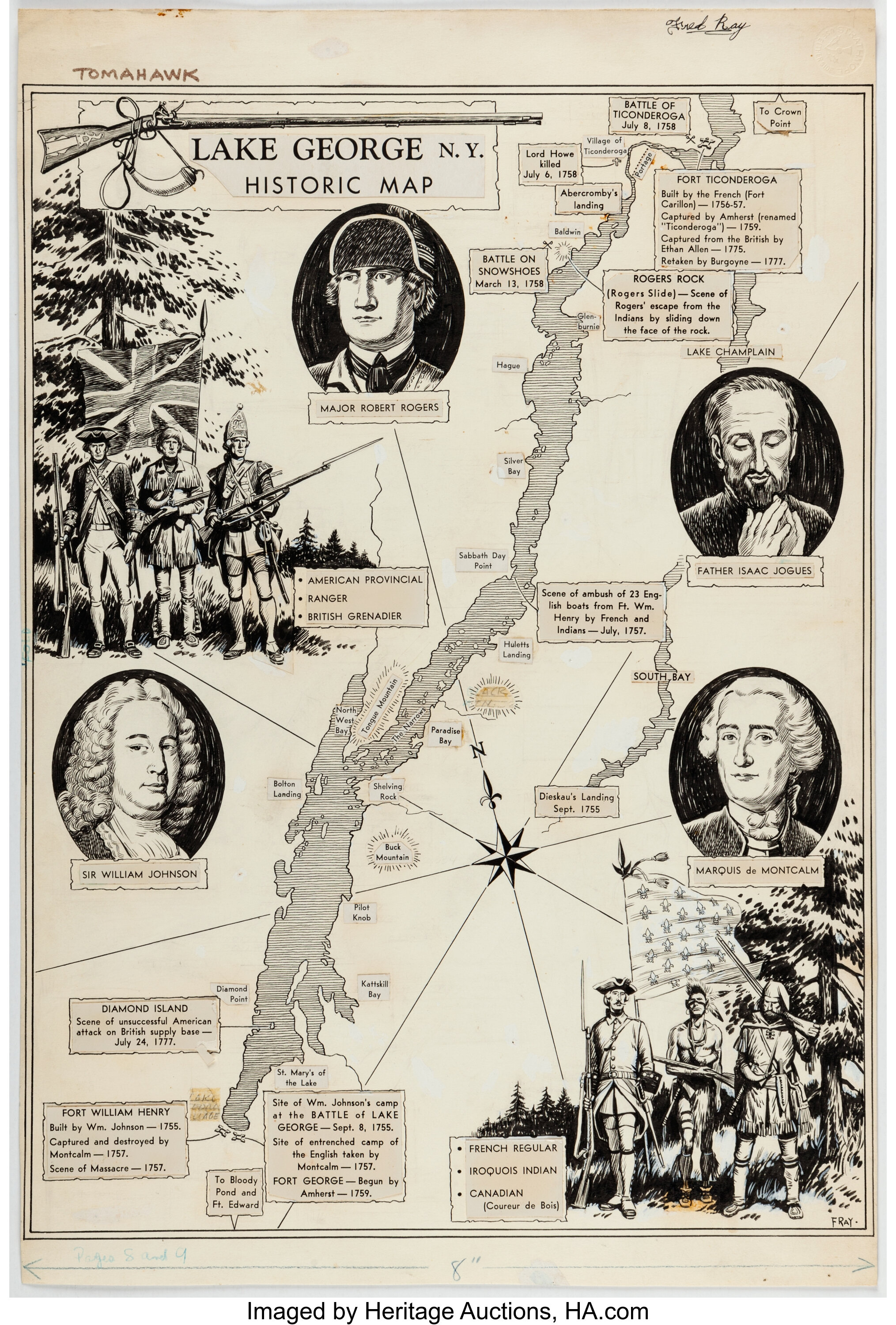 Fred Ray Tomahawk "Lake George N.Y. Historic Map" Story Page | Lot ...