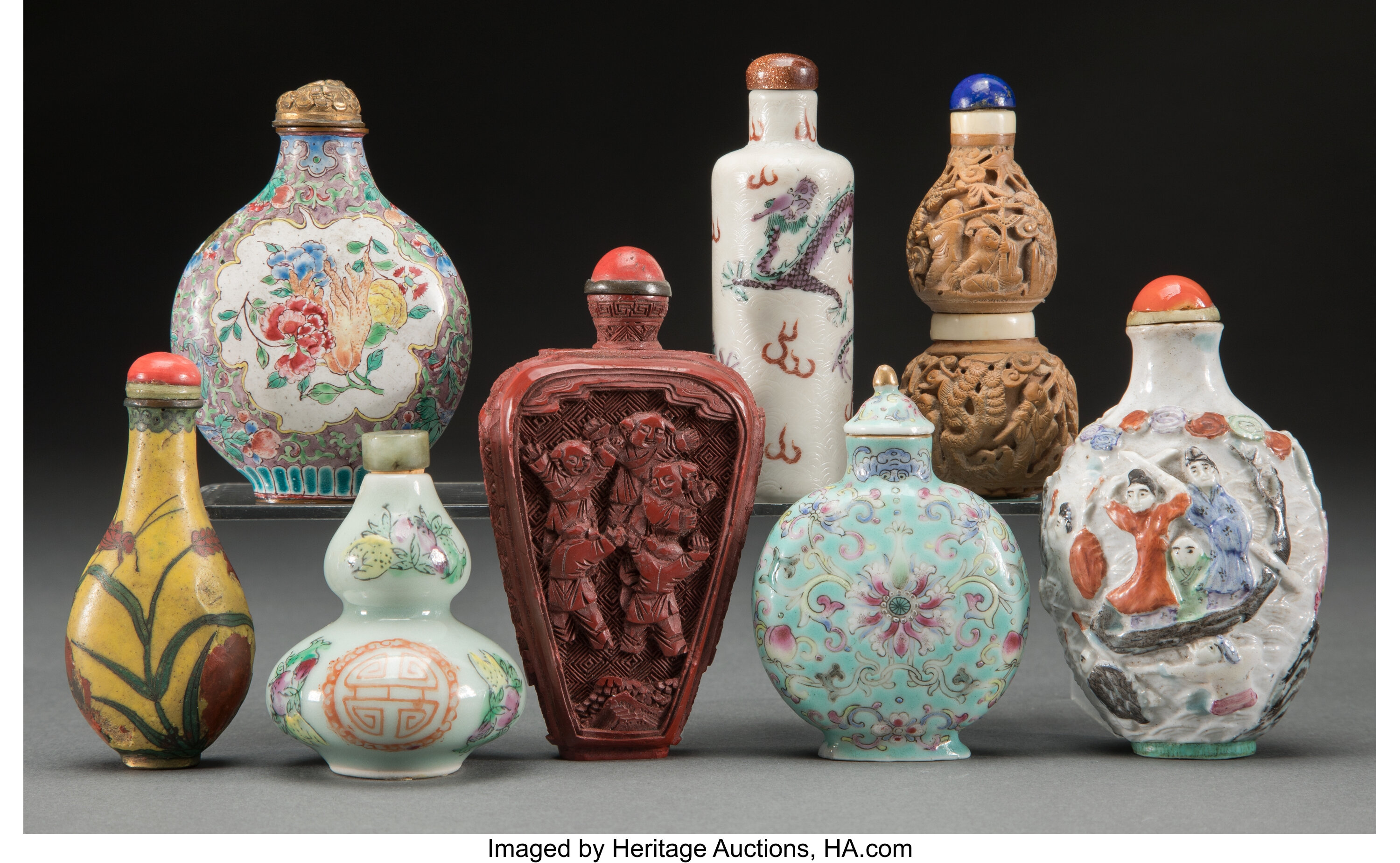 A Group of Eight Chinese Snuff Bottles. Marks: (various). 4 x 2 x | Lot ...