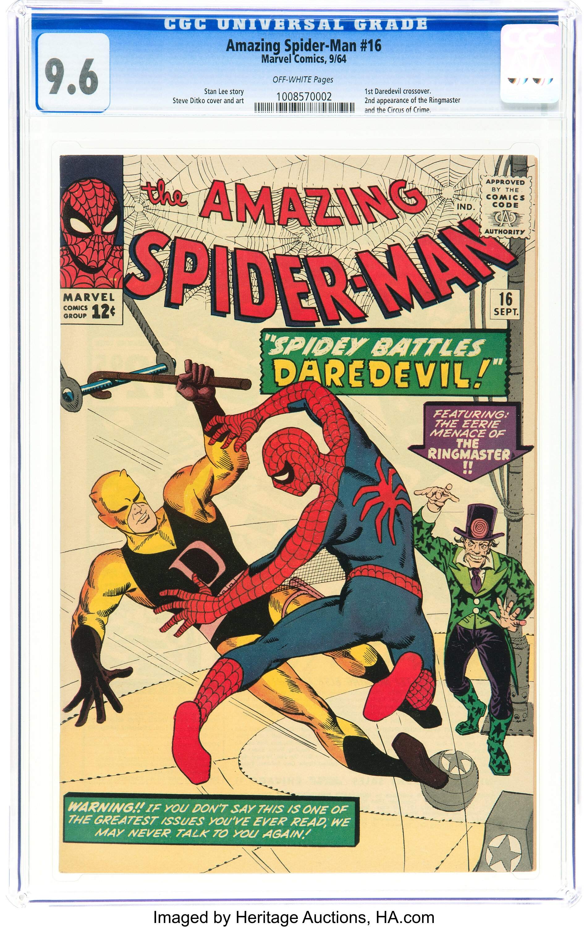 The Amazing Spider-Man #16 (Marvel, 1964) CGC NM+ 9.6 Off-white | Lot ...