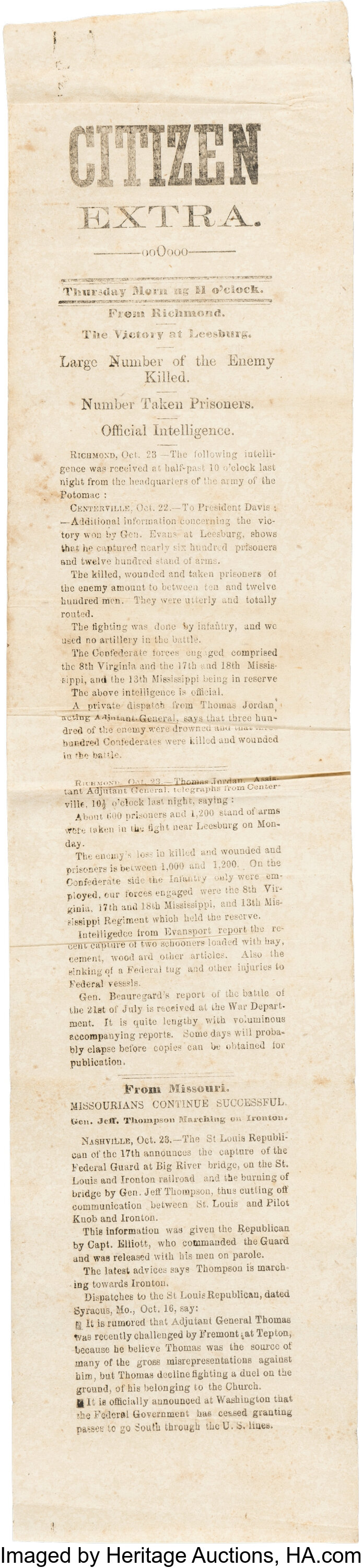 [Confederate Newspaper Extra]. Citizen Extra.... Miscellaneous | Lot ...