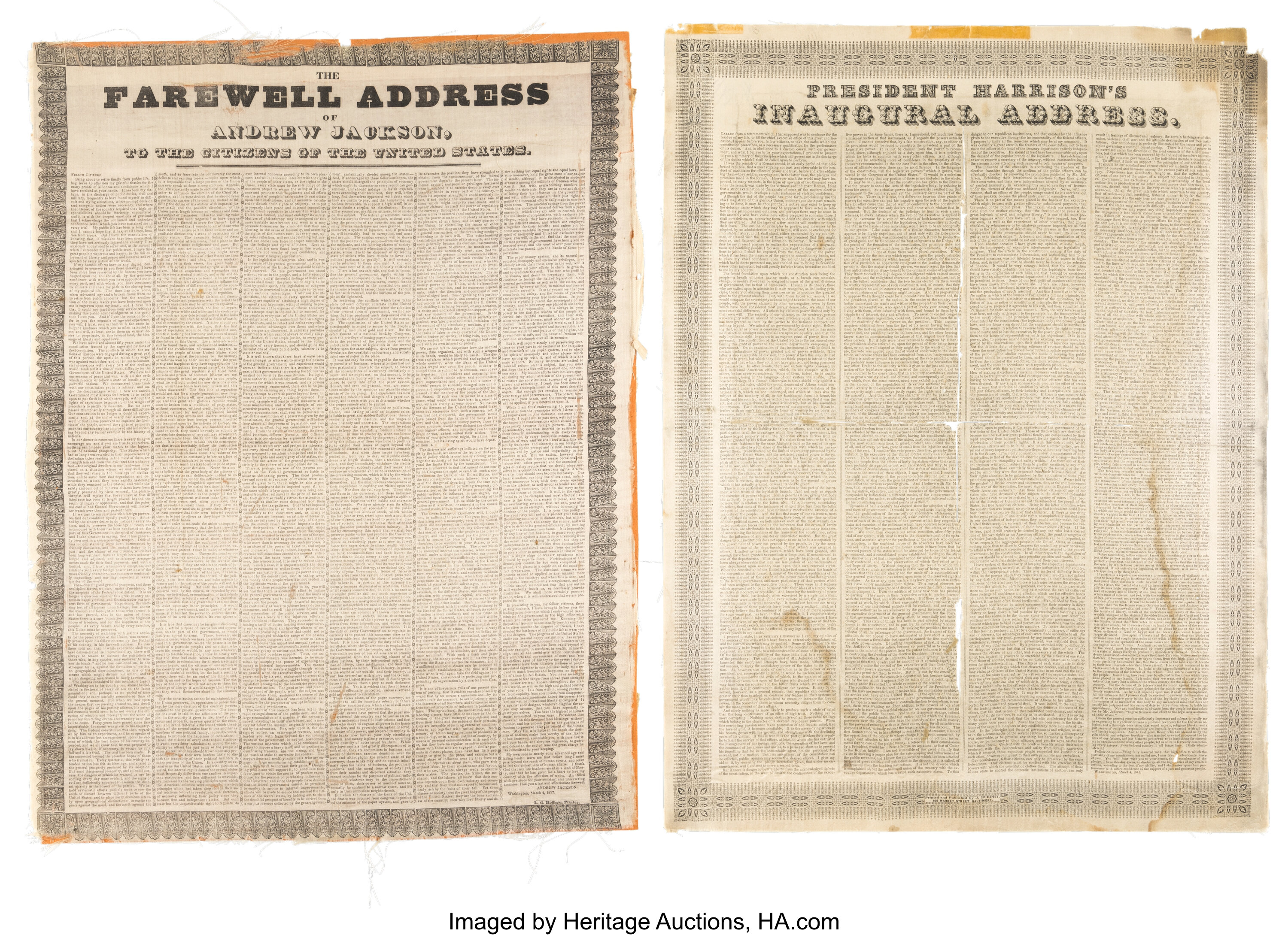 Andrew Jackson et al: Two Silk Broadsides of Jackson's Farewell | Lot ...