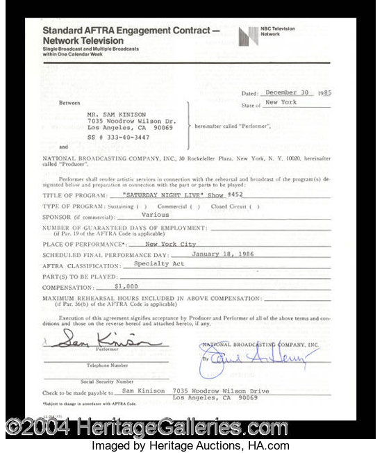Sam Kinison Early Signed SNL Document Autographs | Lot #361 | Heritage ...
