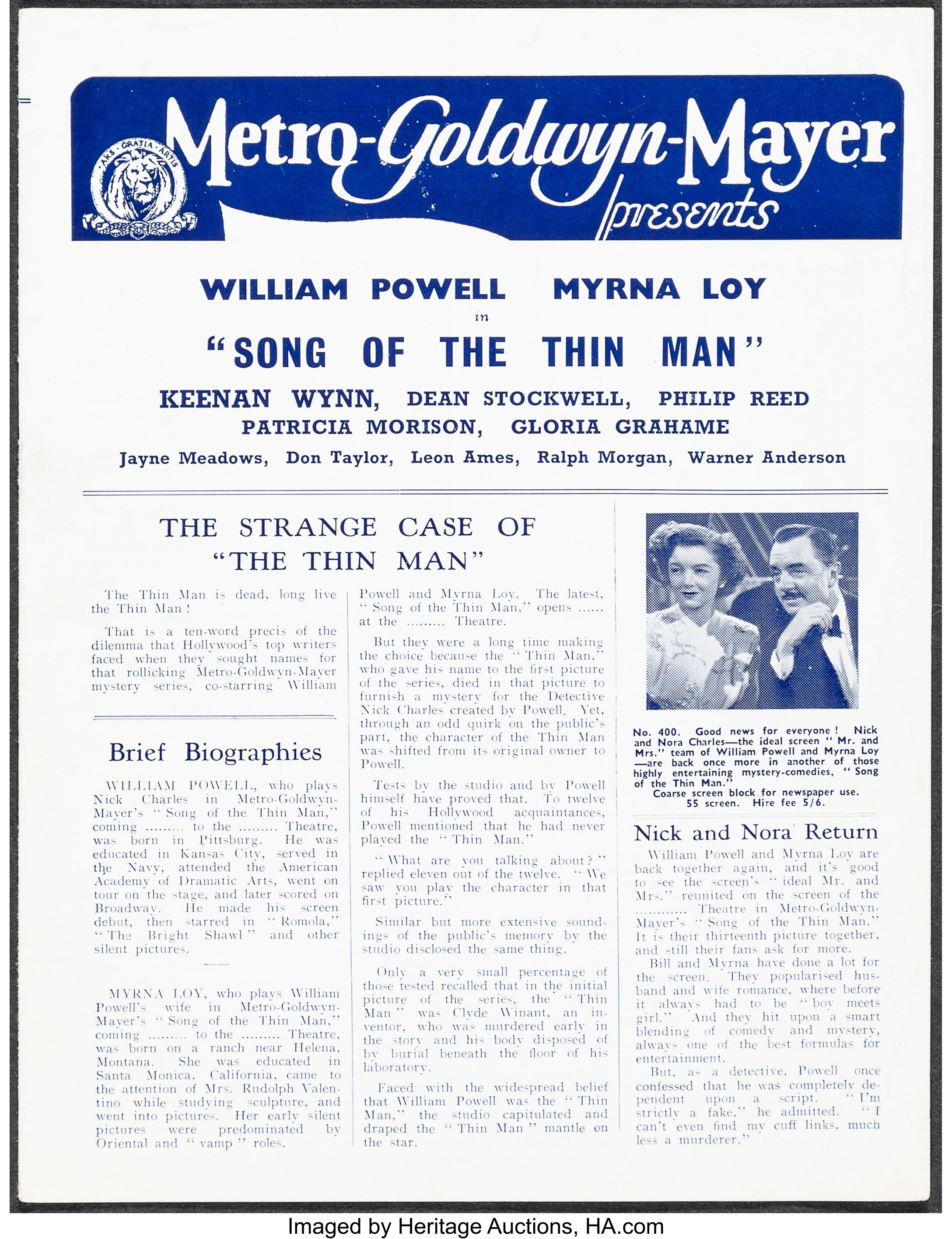 Song of the Thin Man (MGM, 1947). Very Fine. British Pressbook (8 | Lot ...