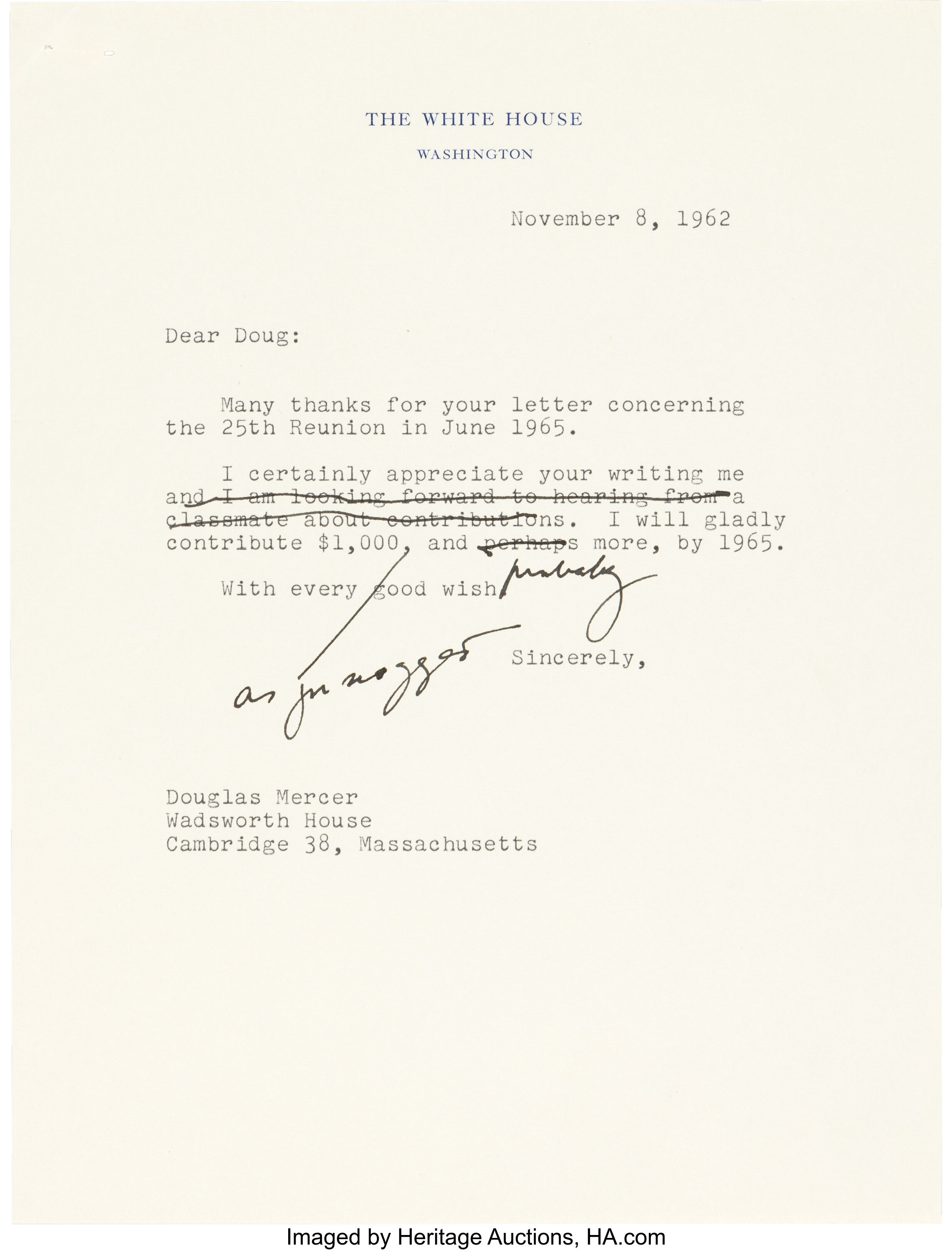 John F. Kennedy: Typed Letter with Holographic Edits in His Hand. | Lot ...