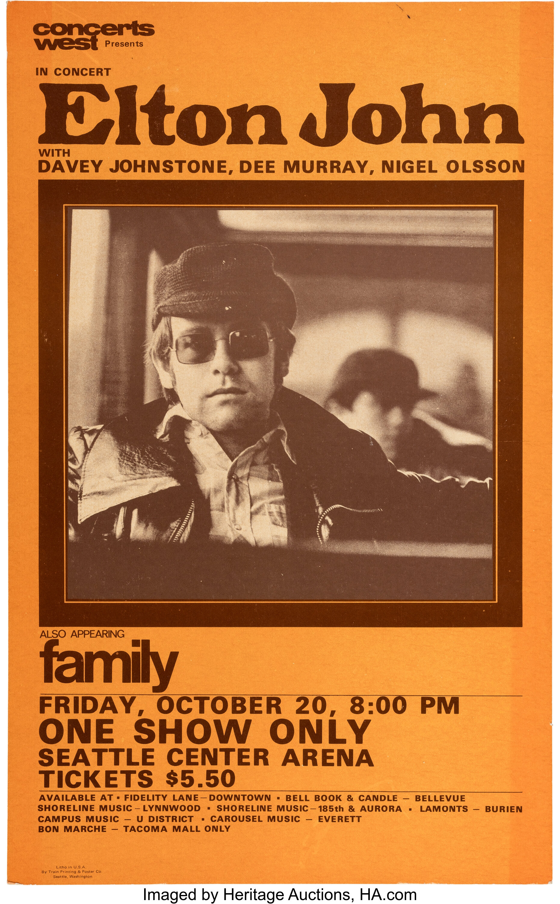 Elton John 1972 Seattle, WA Concert Poster. ... Music Memorabilia | Lot ...