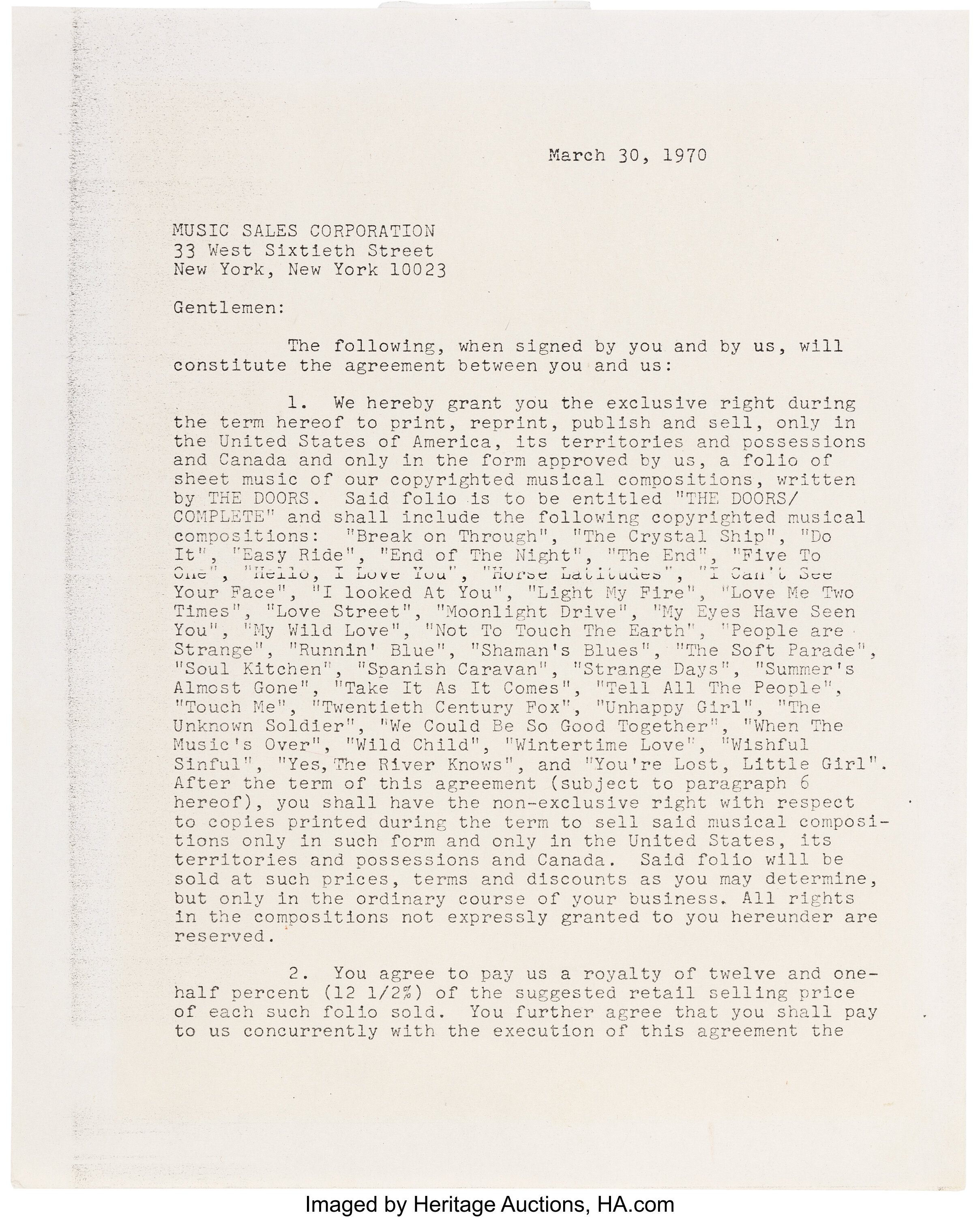 Jim Morrison Signed 1970 Publishing Contract. ... Music Memorabilia ...