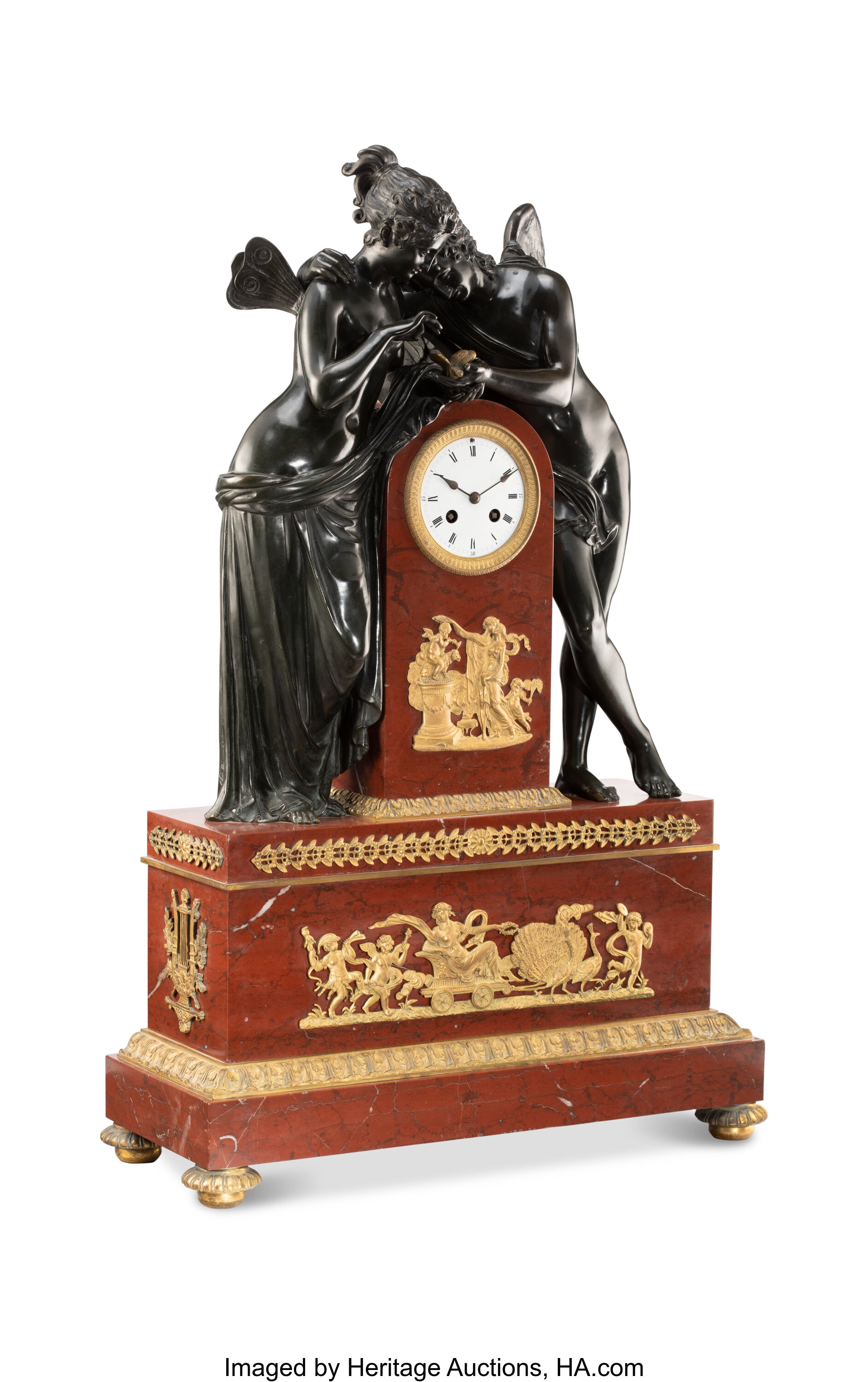 A Samuel Marti Gilt and Patinated Bronze and Marble Mantel Clock | Lot ...