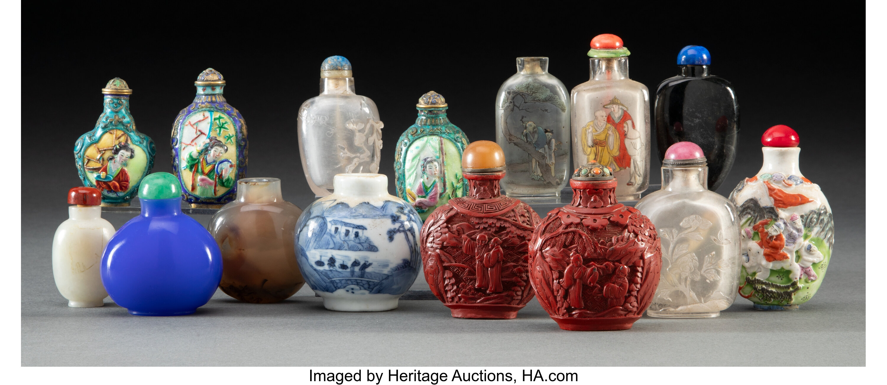 A Group of Fifteen Chinese Snuff Bottles. Marks: (various). 3-1/2 x ...