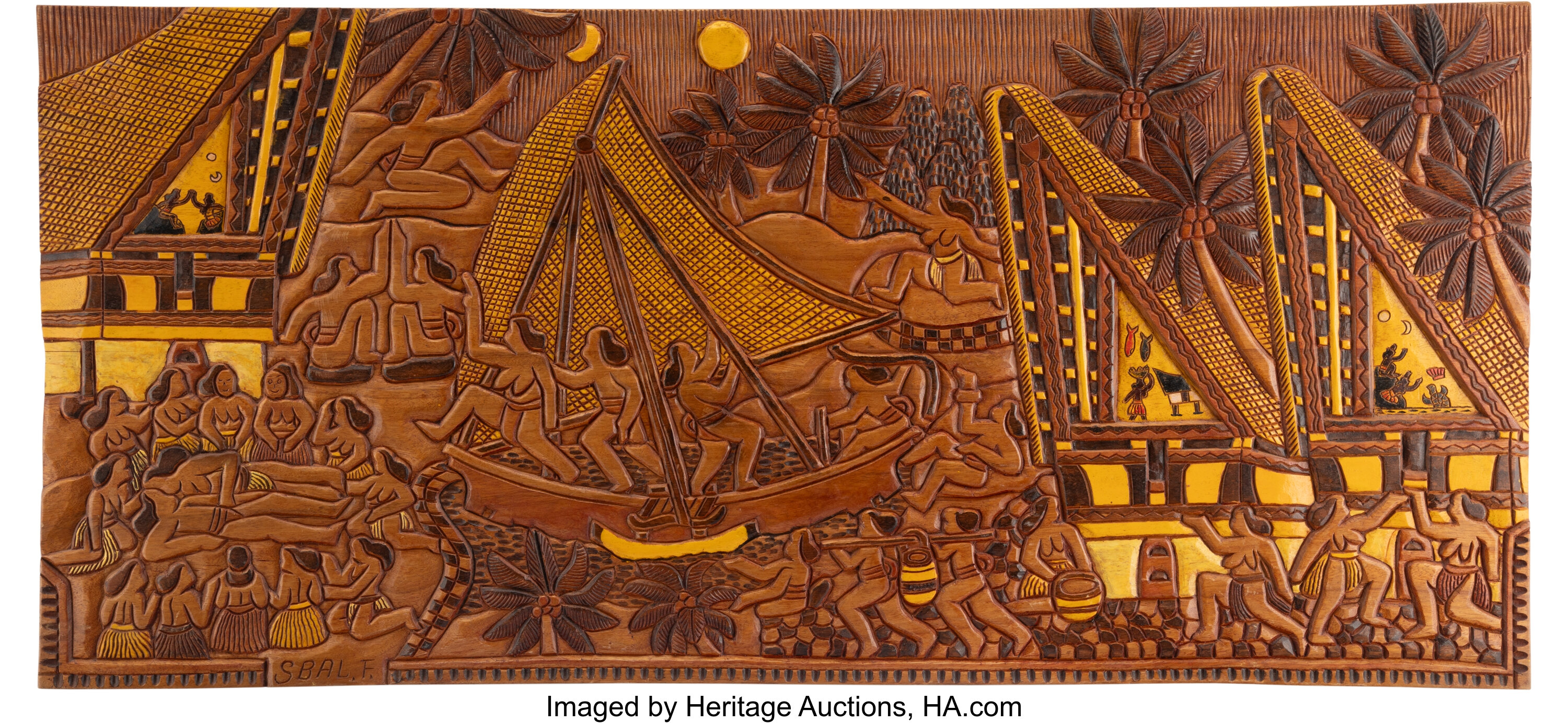 A Palauan Polychrome Wood Storyboard. 22-1/2 x 48 x 1-1/2 inches | Lot ...