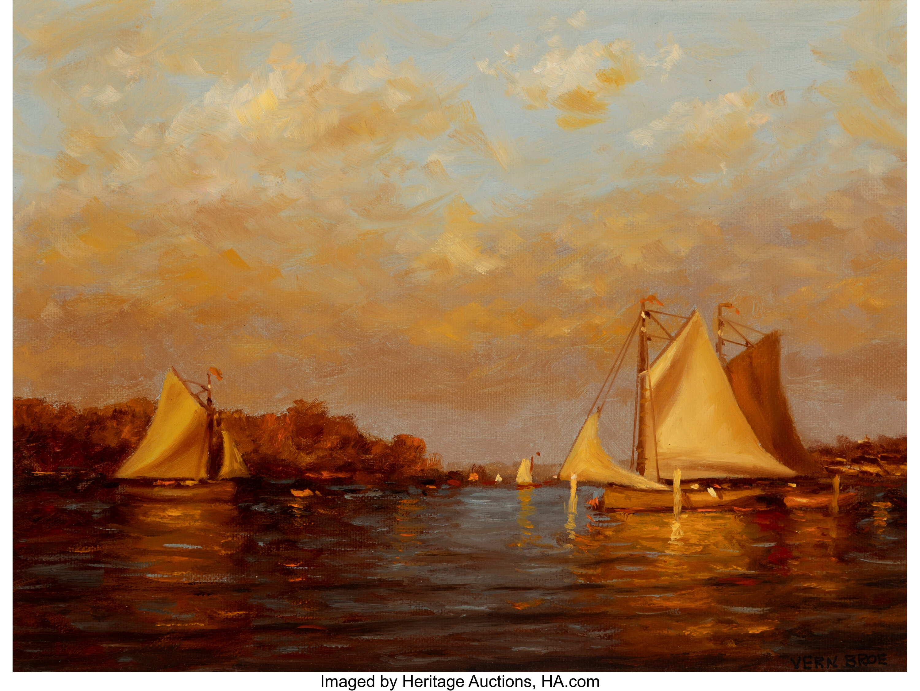 Vernon Broe (American, 1930-2011). Boats in a Harbor. Oil on | Lot ...