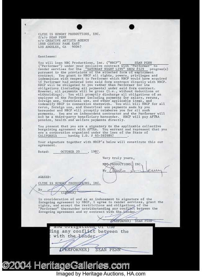 Sean Penn Signed Document Autographs | Lot #251 | Heritage Auctions
