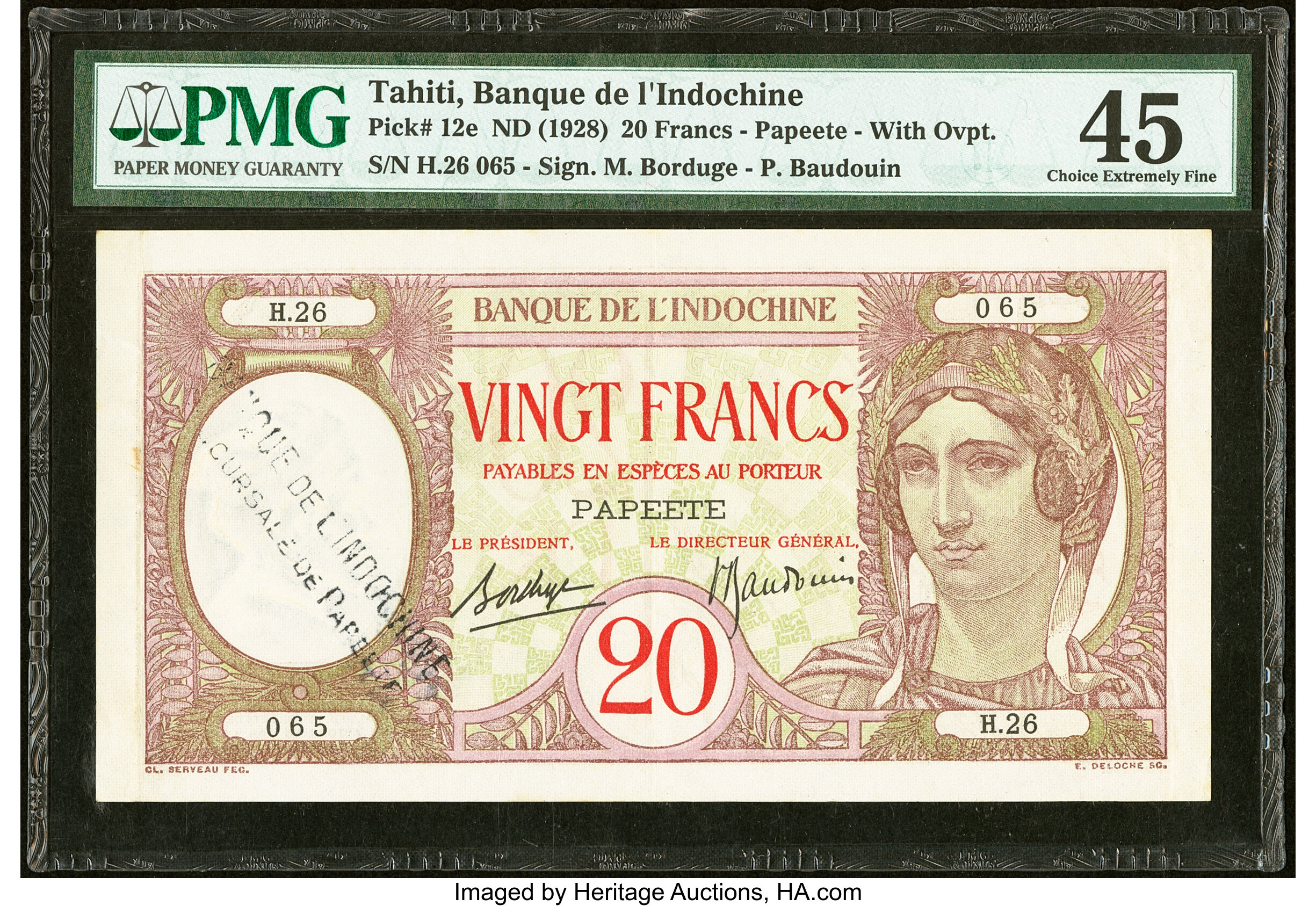 Tahiti Banque de l'Indochine 20 Francs ND (1928) Pick 12e PMG | Lot ...