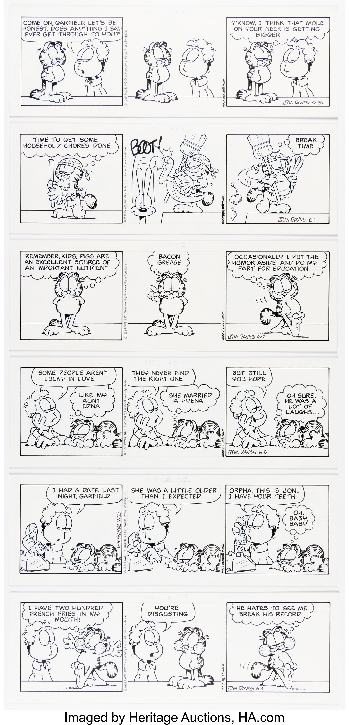 Jim Davis Garfield Consecutive Daily Comic Strip Original Art Group ...