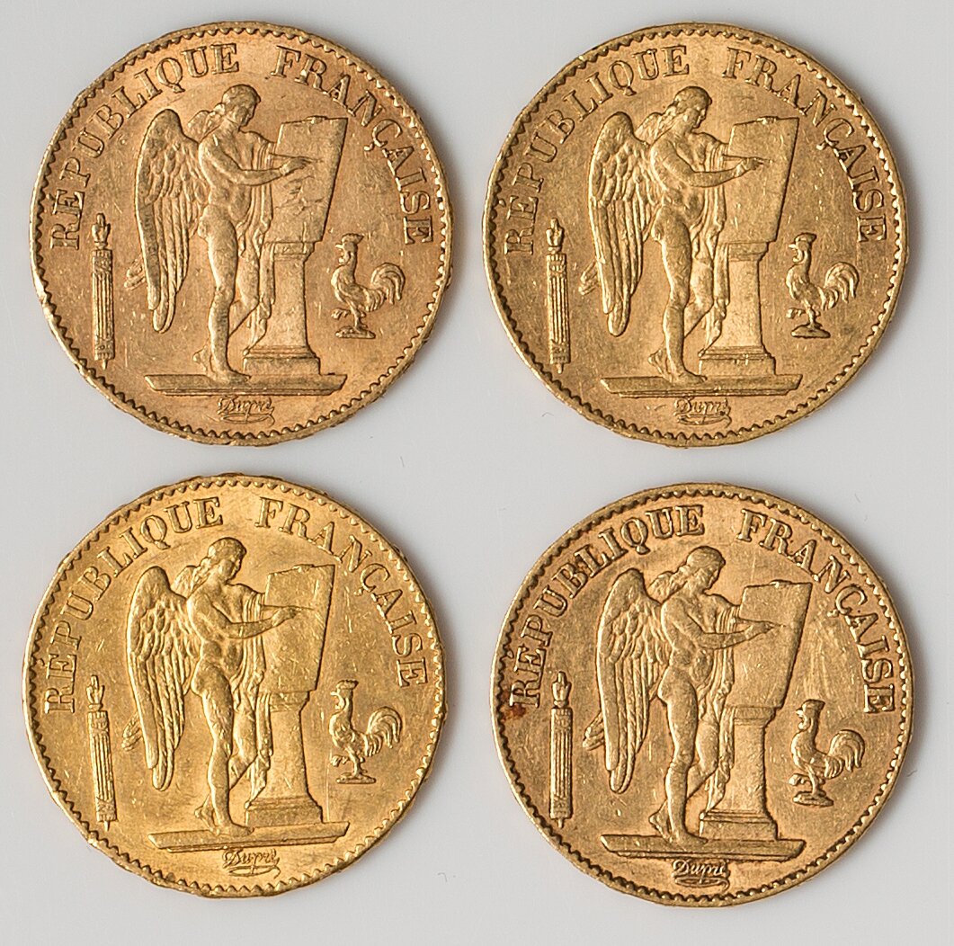 France: Republic 4-Piece Lot of Uncertified gold 20 Francs XF,... | Lot ...