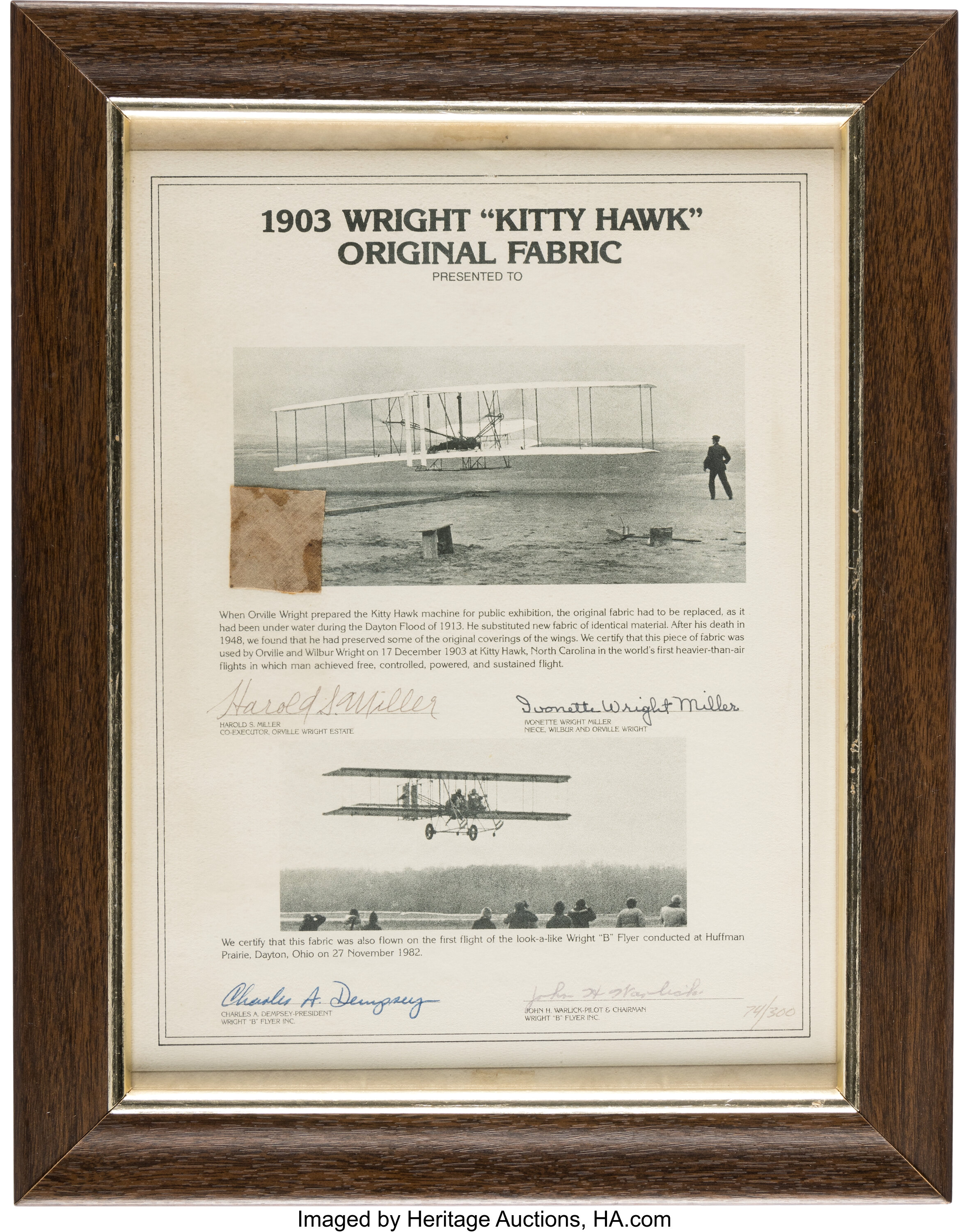 The Wright Brothers and Kitty Hawk: A Section of Fabric from the | Lot ...