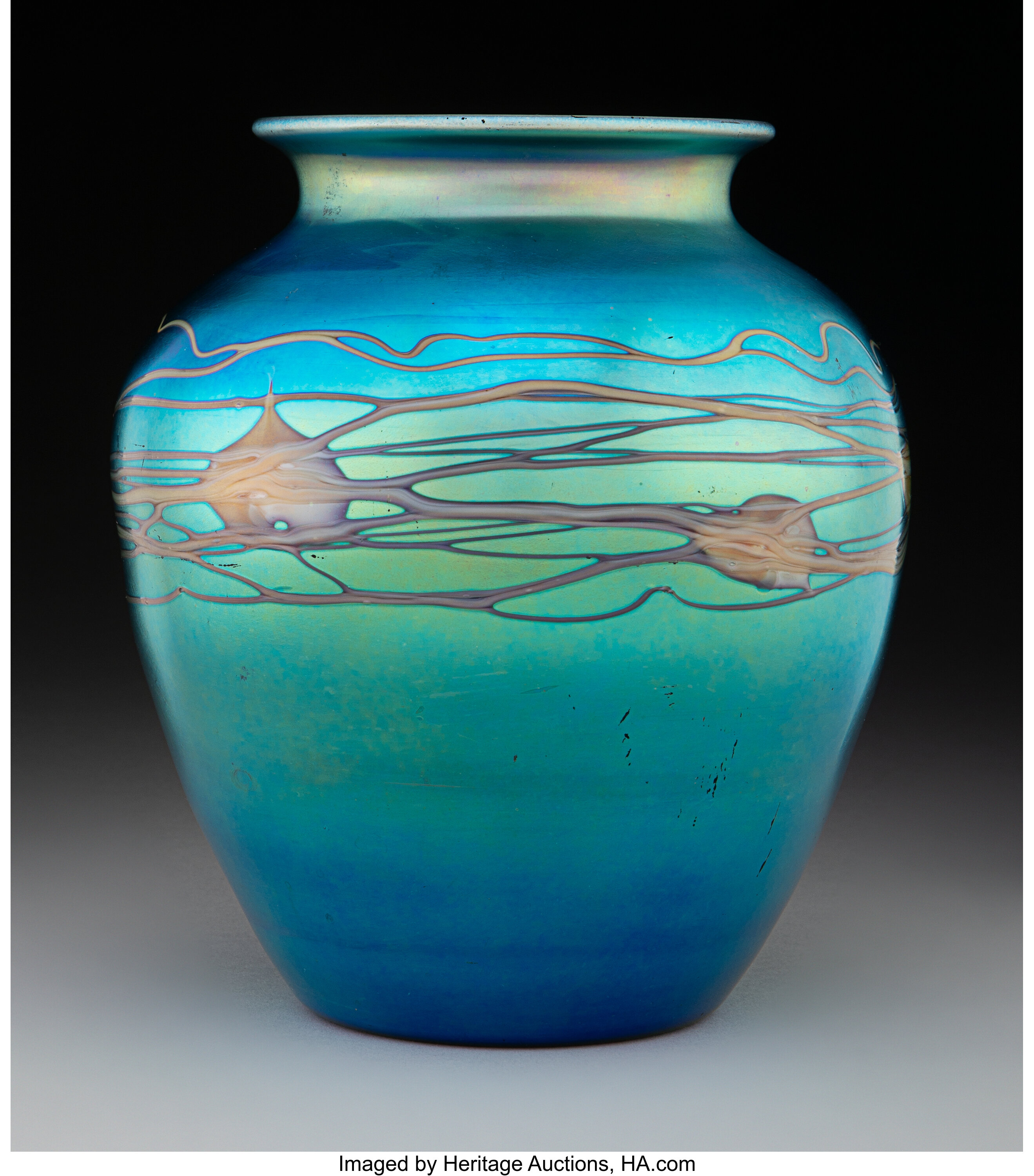 Steuben Decorated Blue Aurene Glass Vase, circa 1920. Marks: | Lot ...