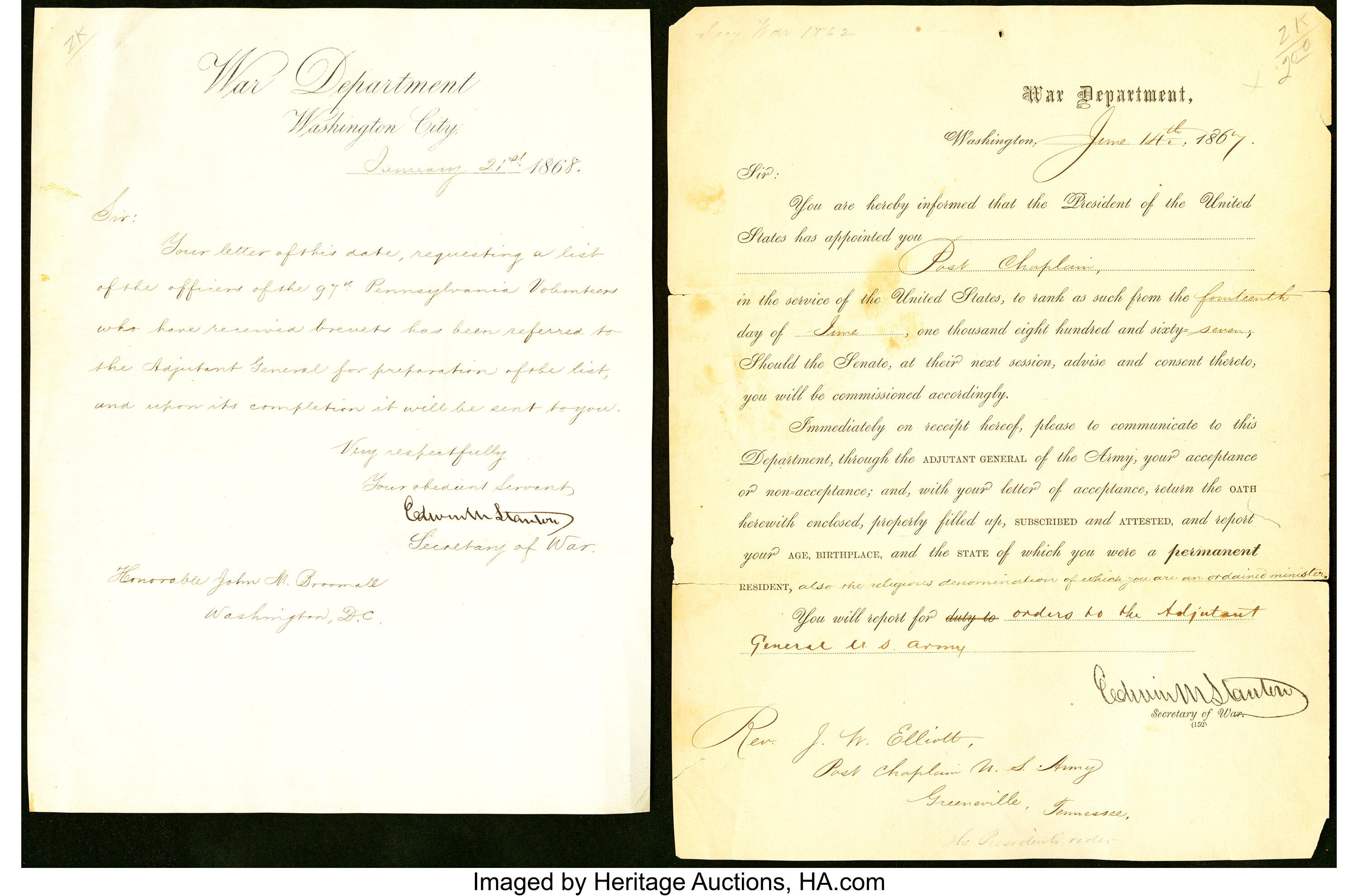 Pair of War Department Letterhead Documents Signed by Edwin M. | Lot ...