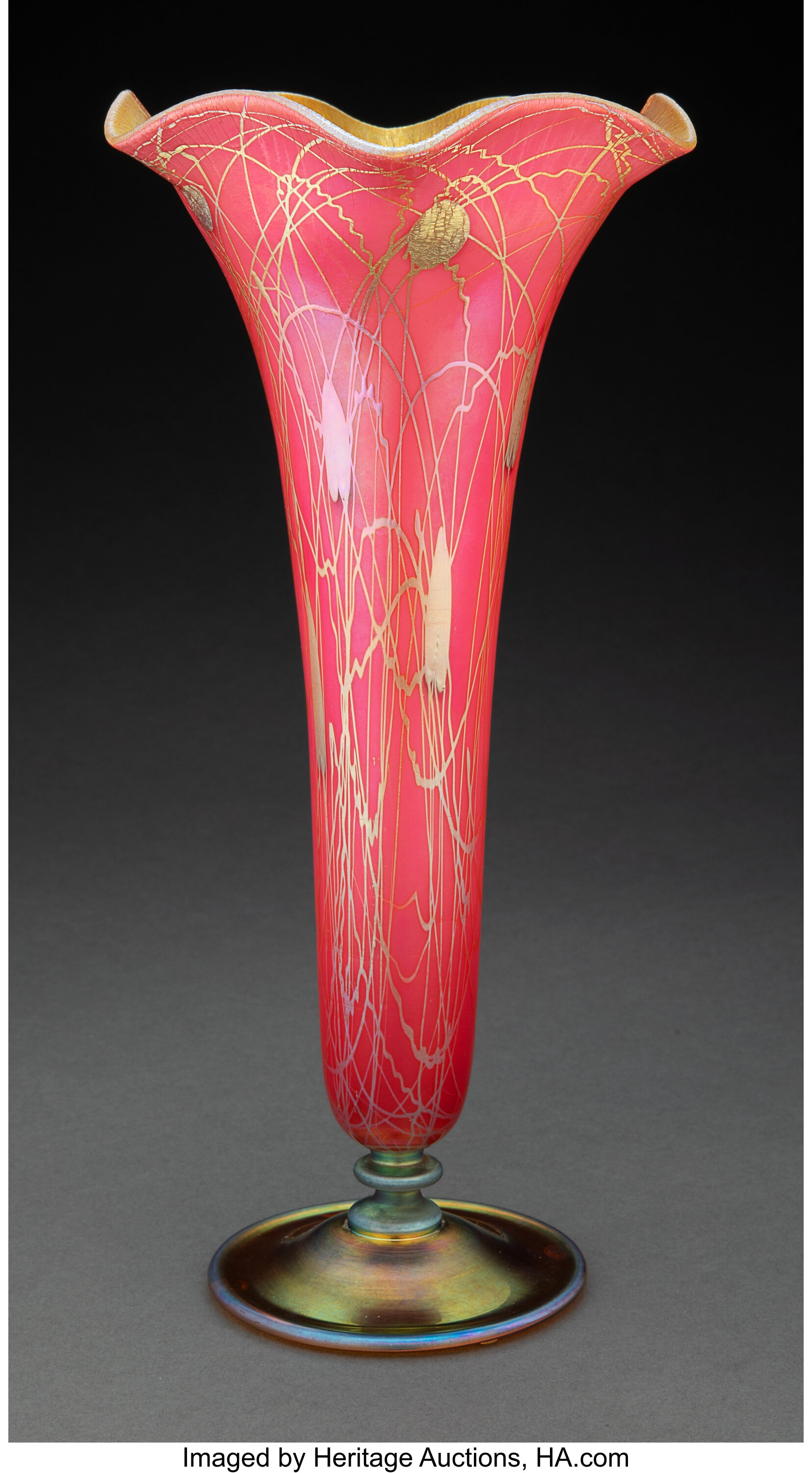 Rare Steuben Decorated Red Aurene Glass Footed Vase, circa 1910. | Lot ...