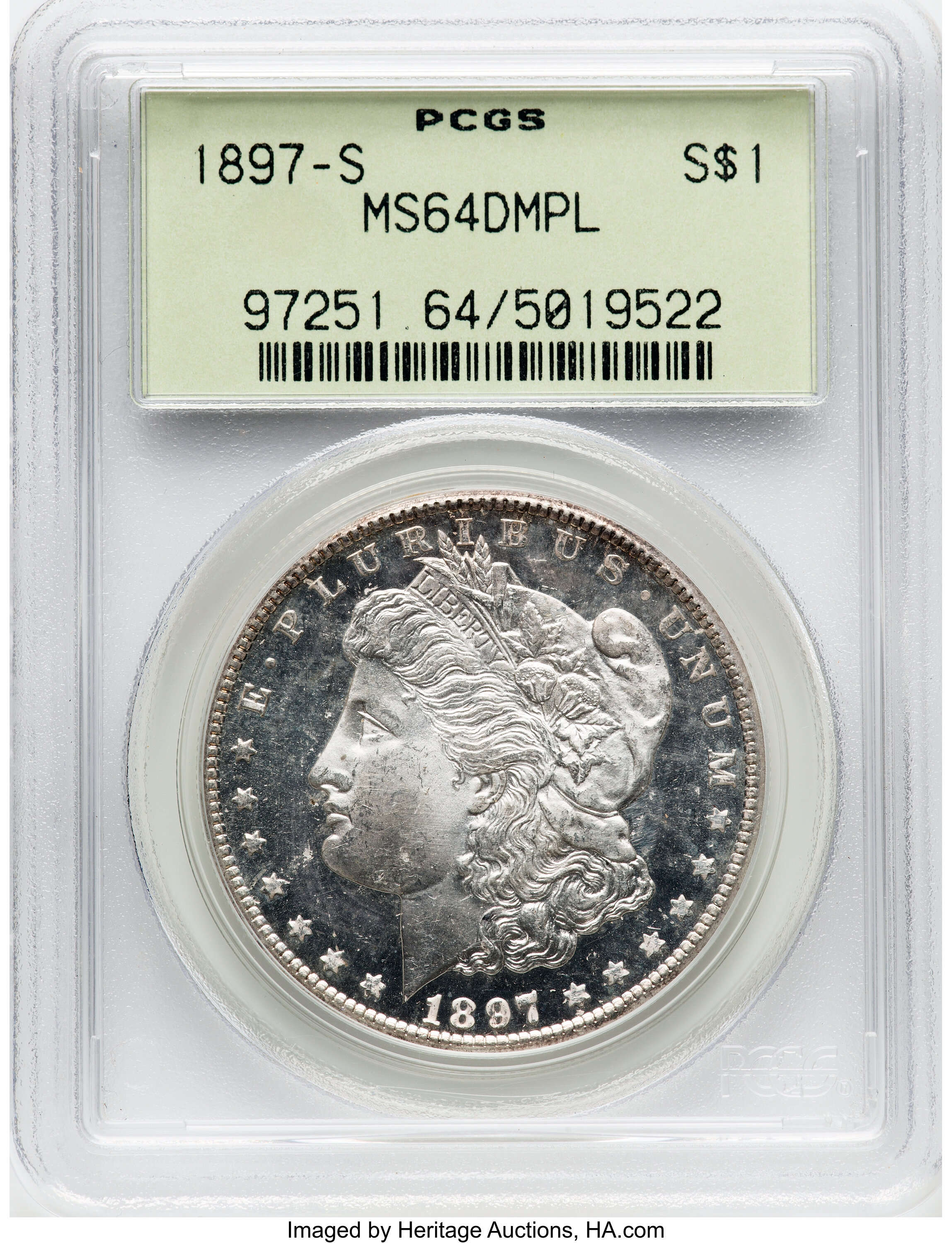 1897-S $1 MS64 Deep Mirror Prooflike PCGS. PCGS Population: | Lot ...