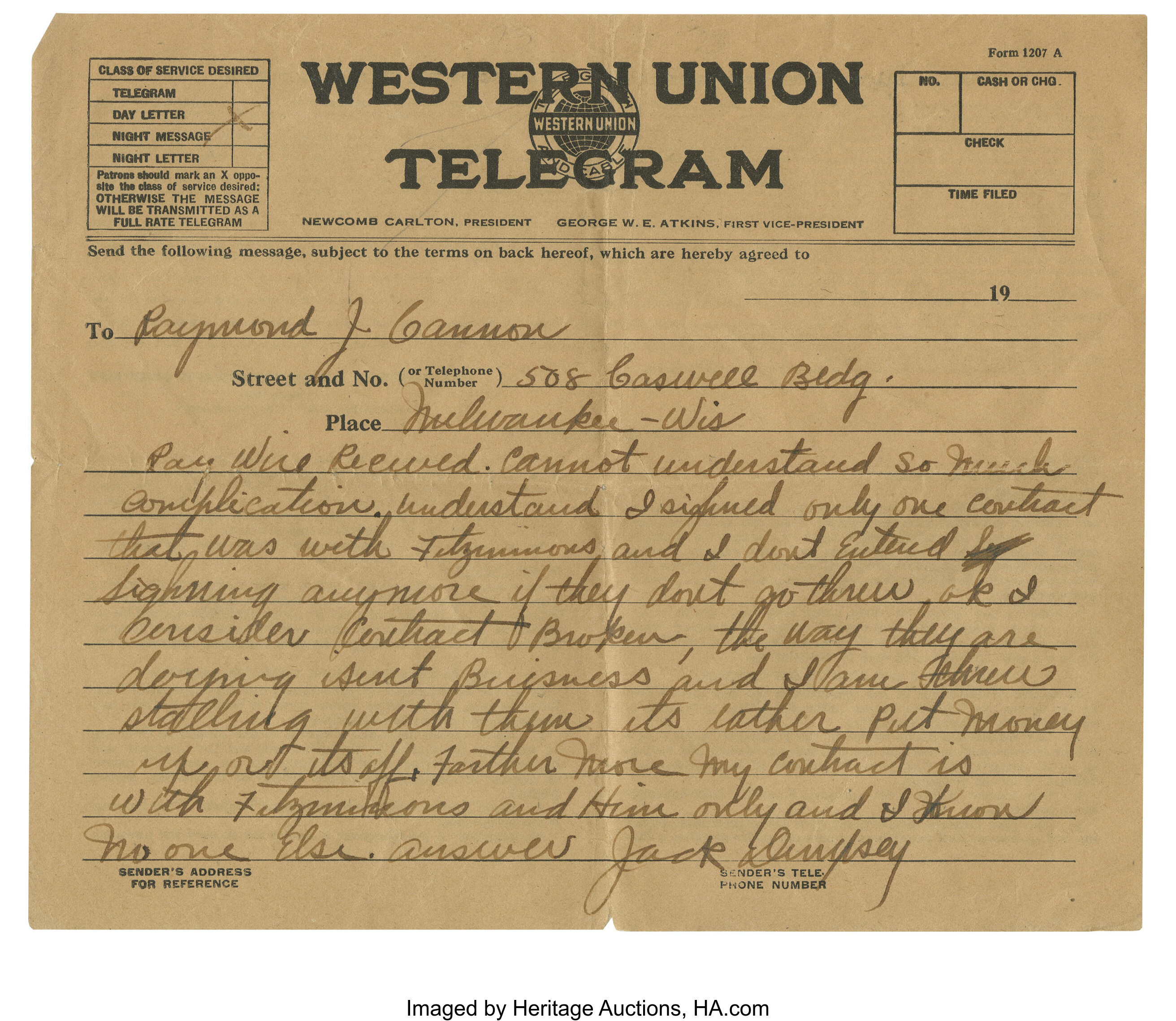Jack Dempsey Signed Handwritten Telegram. Rarely do we get insight ...