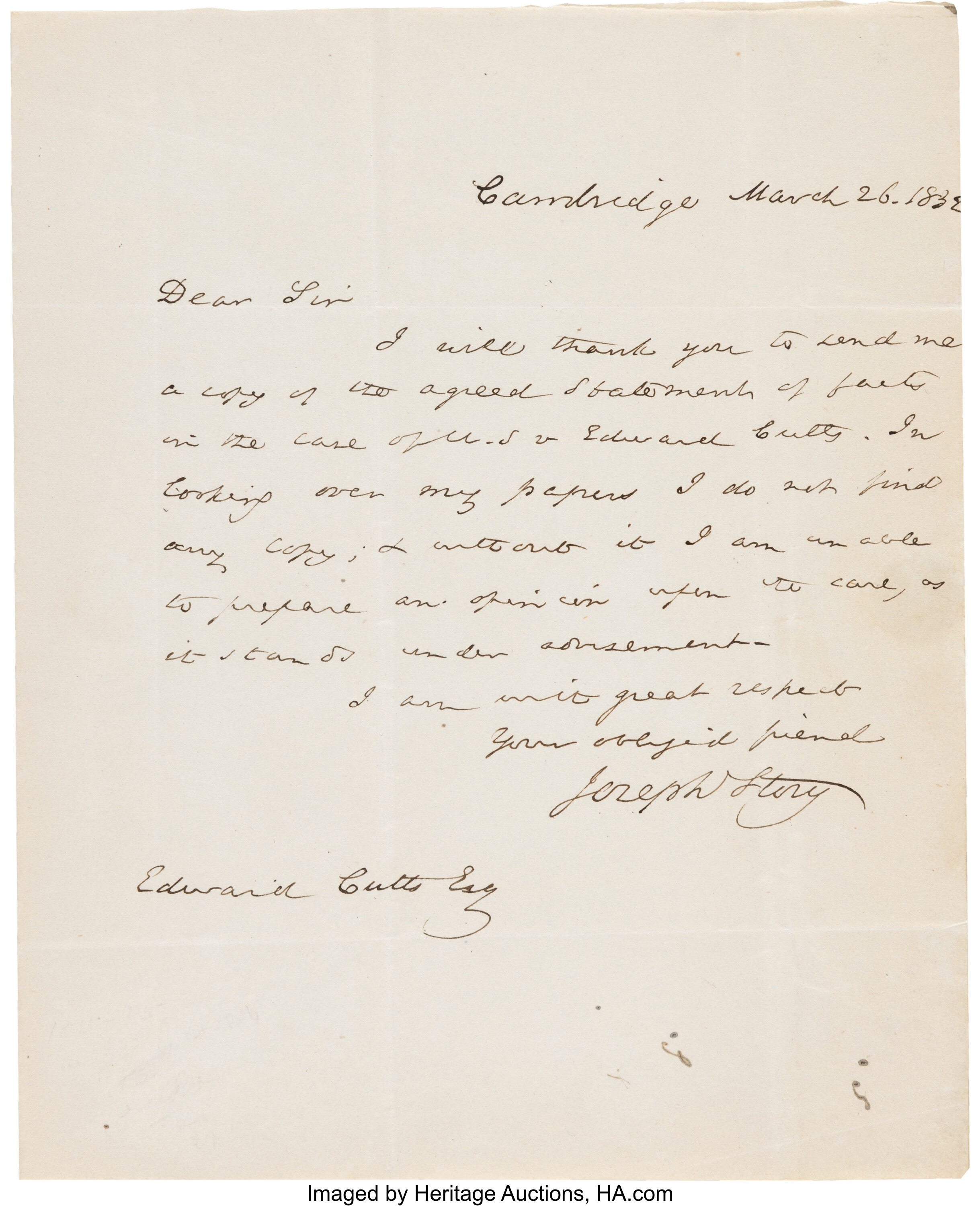 Joseph Story Autograph Letter Signed.... Autographs Statesmen | Lot ...