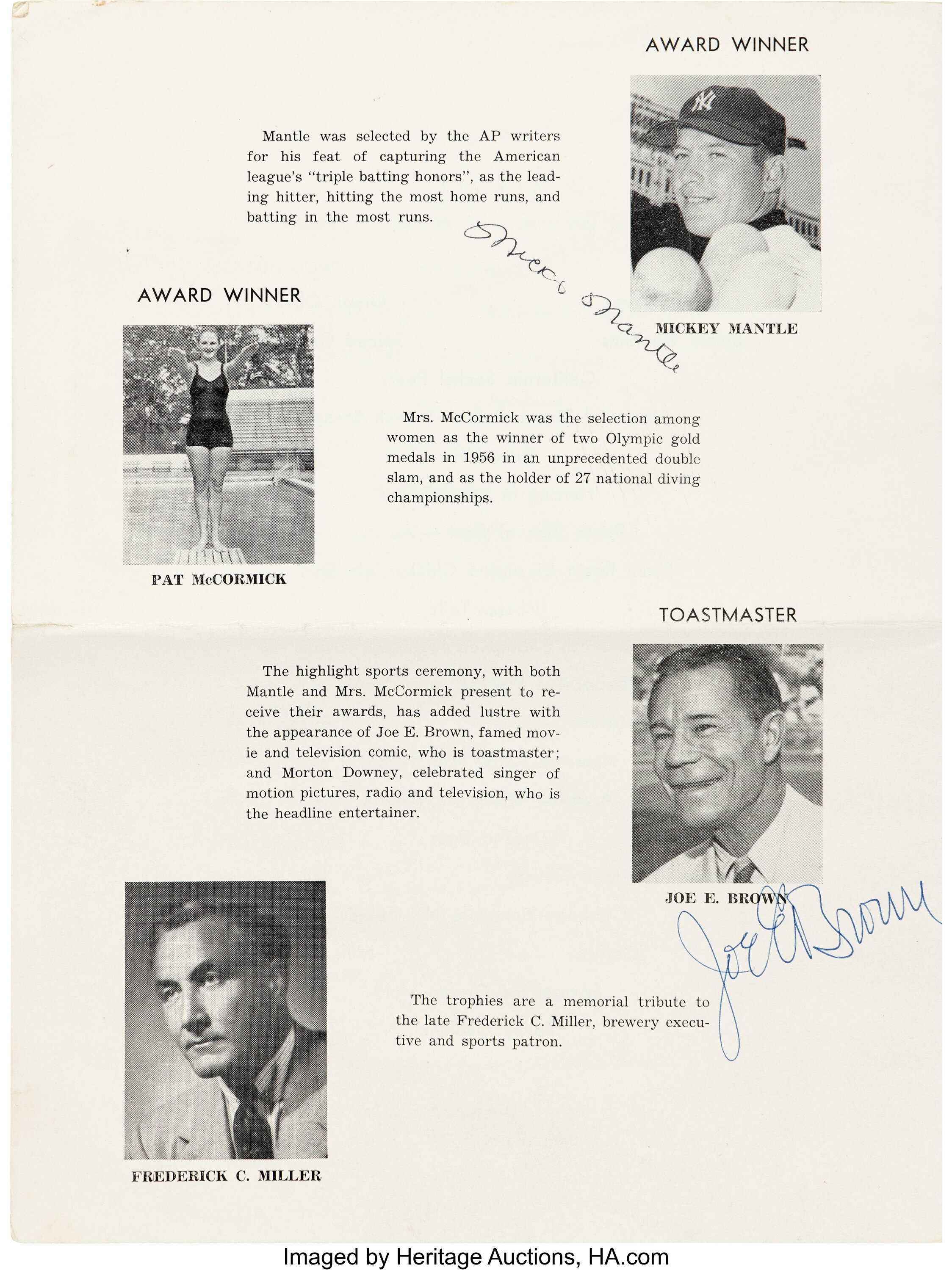1957 Mickey Mantle Signed Banquet Program.... Baseball Collectibles ...