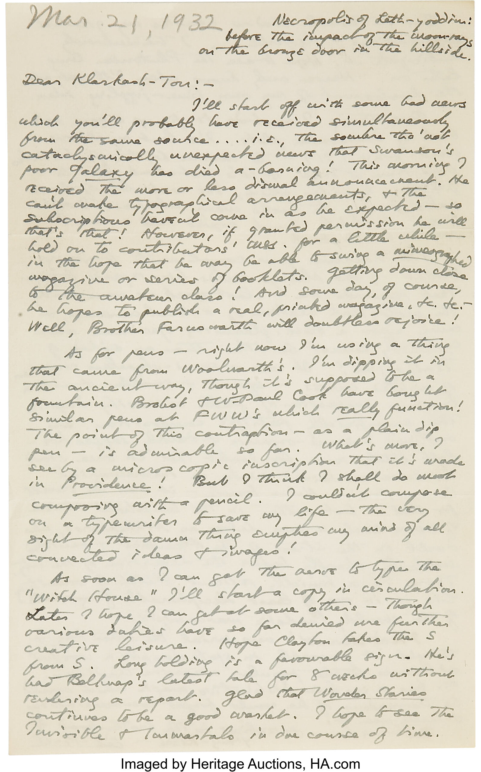 H. P. Lovecraft. Autograph Letter Signed "E'ch-Pi-El" [HPL]. Two | Lot ...