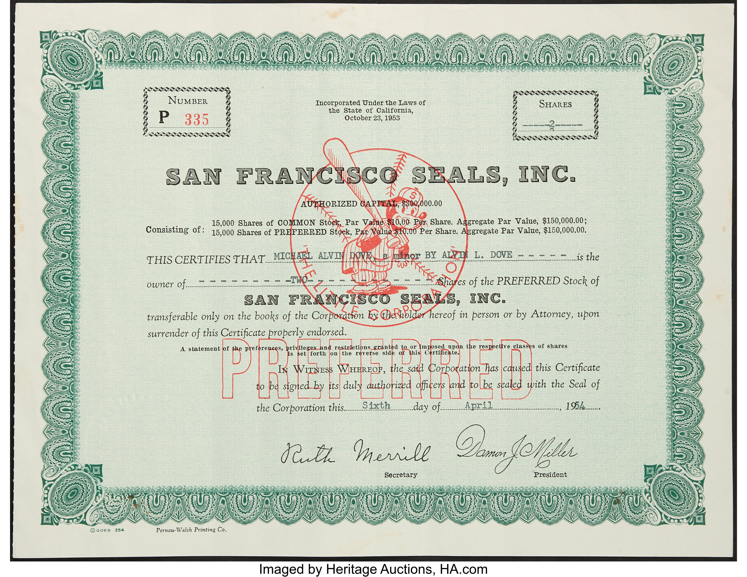1954 San Francisco Seals Stock Certificate & Related Ephemera.... | Lot ...