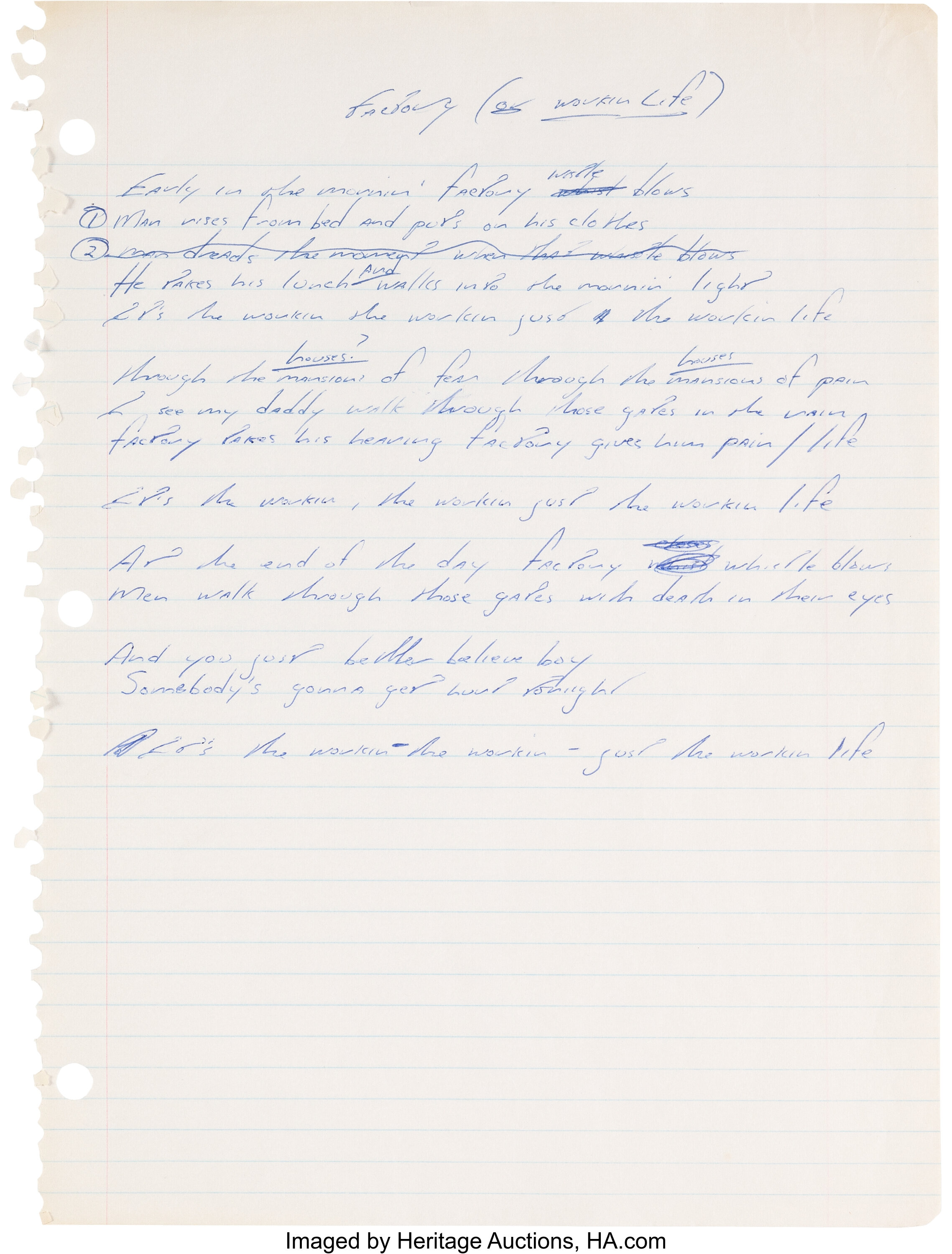 Bruce Springsteen Handwritten "Factory" Lyrics. ... Music | Lot #26125 ...