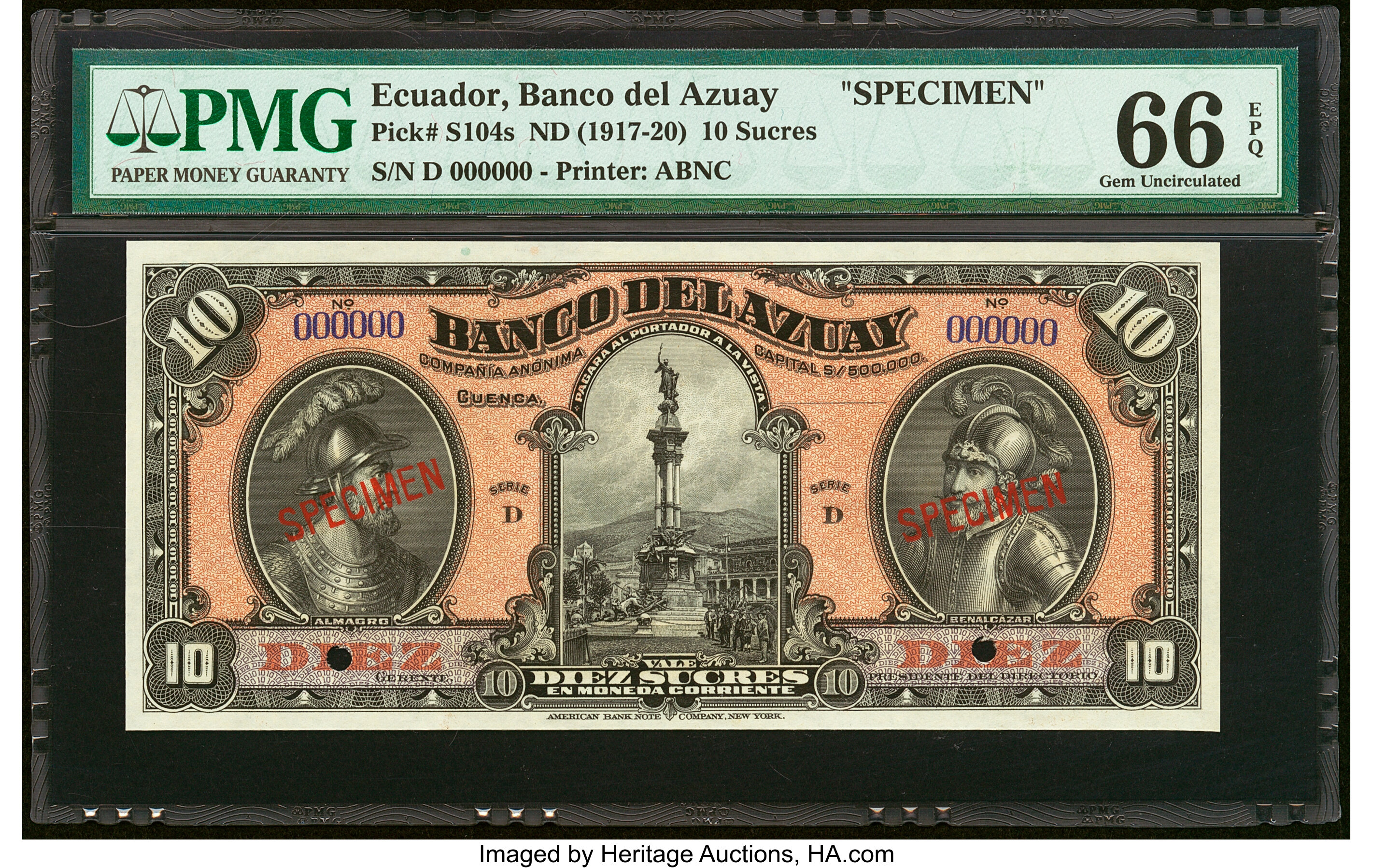 Ecuador Banco del Azuay 10 Sucres ND (1917-20) Pick S104s Specimen ...