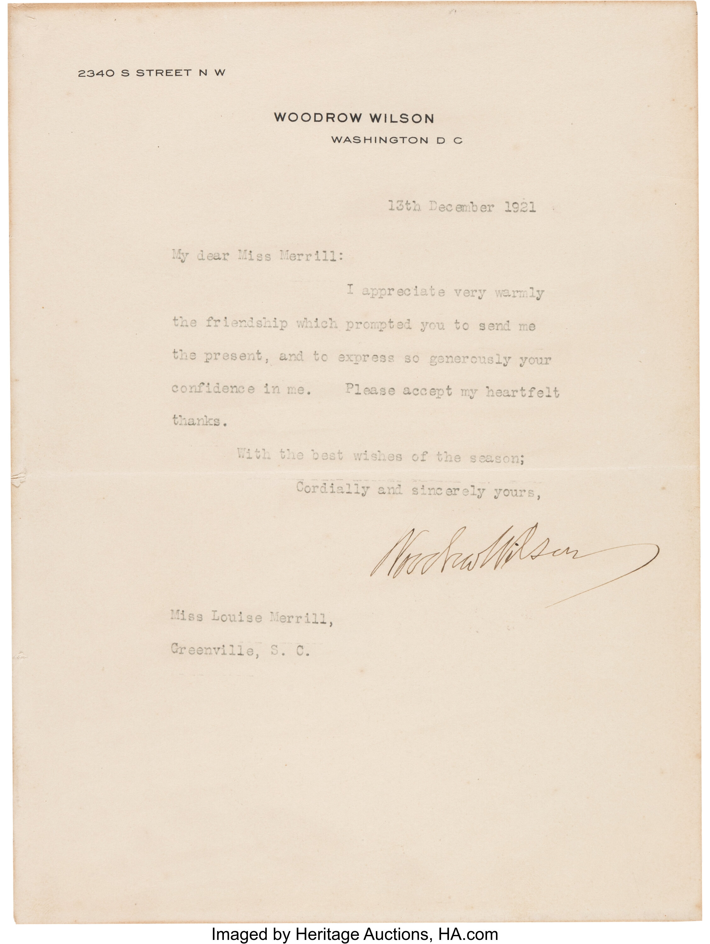 Woodrow Wilson: Typed Letter Signed. ... Autographs U.S. Presidents ...