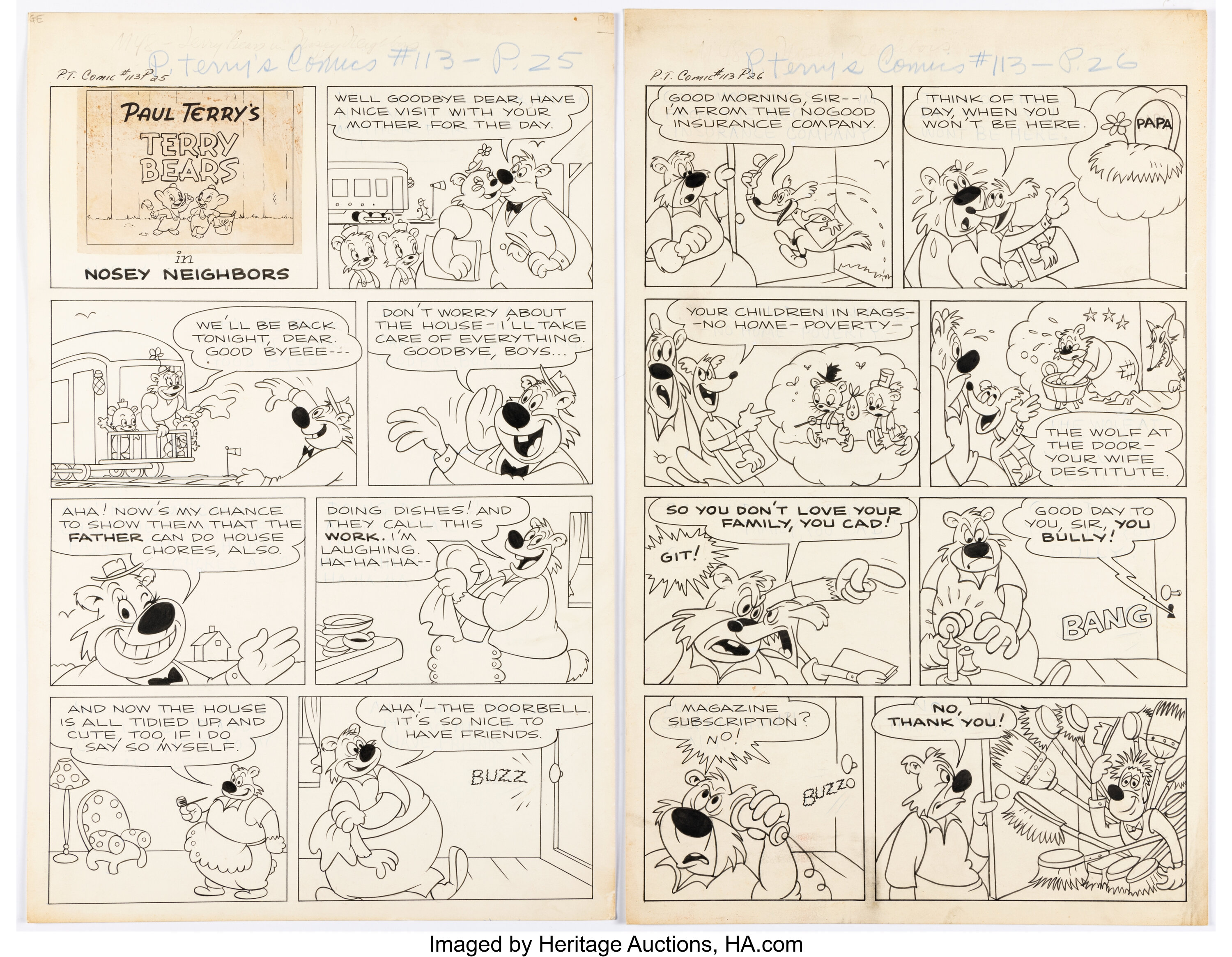 St. John Artist Paul Terry's Comics #113 Partial Story Original Art ...