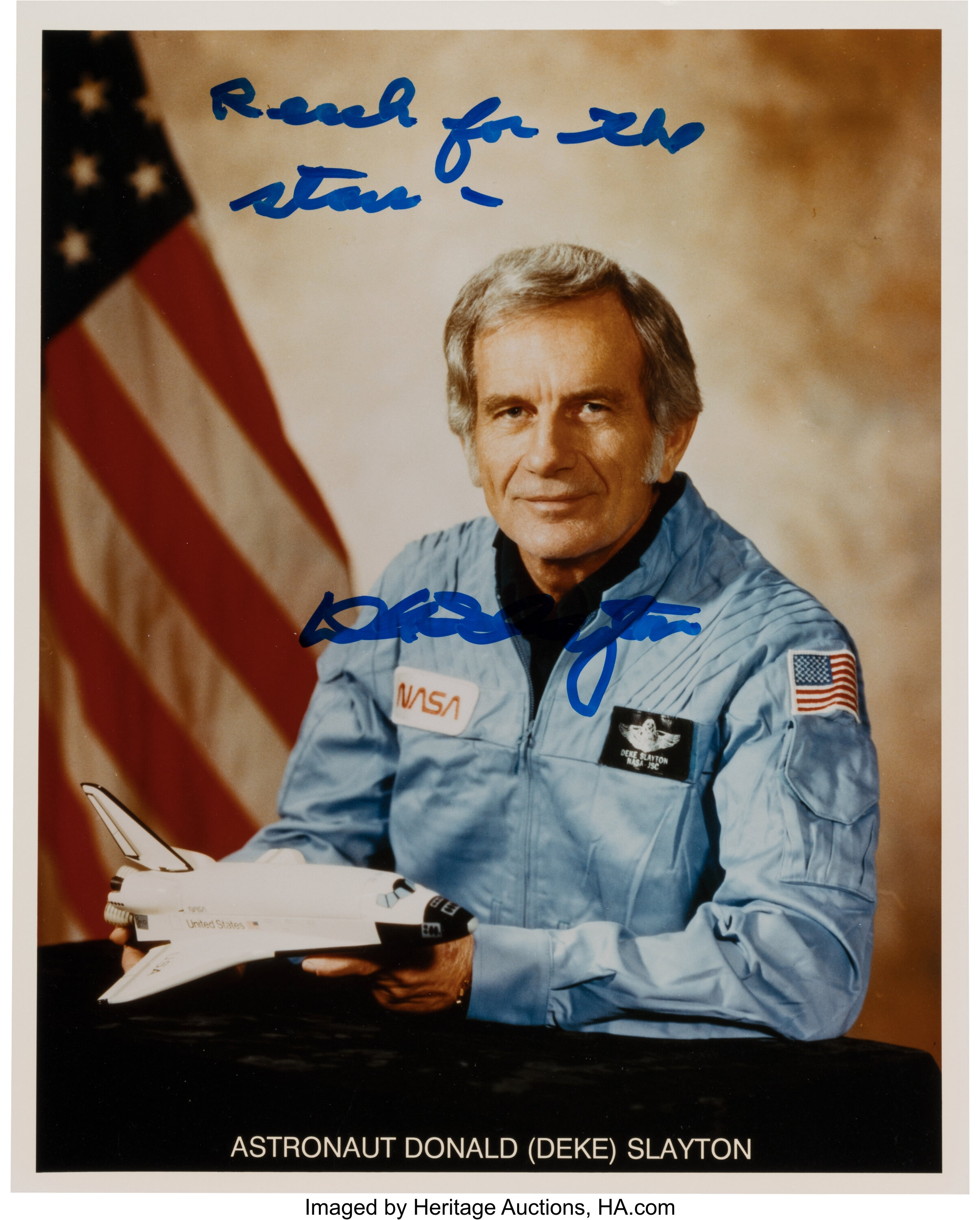 Deke Slayton Signed Shuttle-Era Flight Suit Color Photo with Added ...