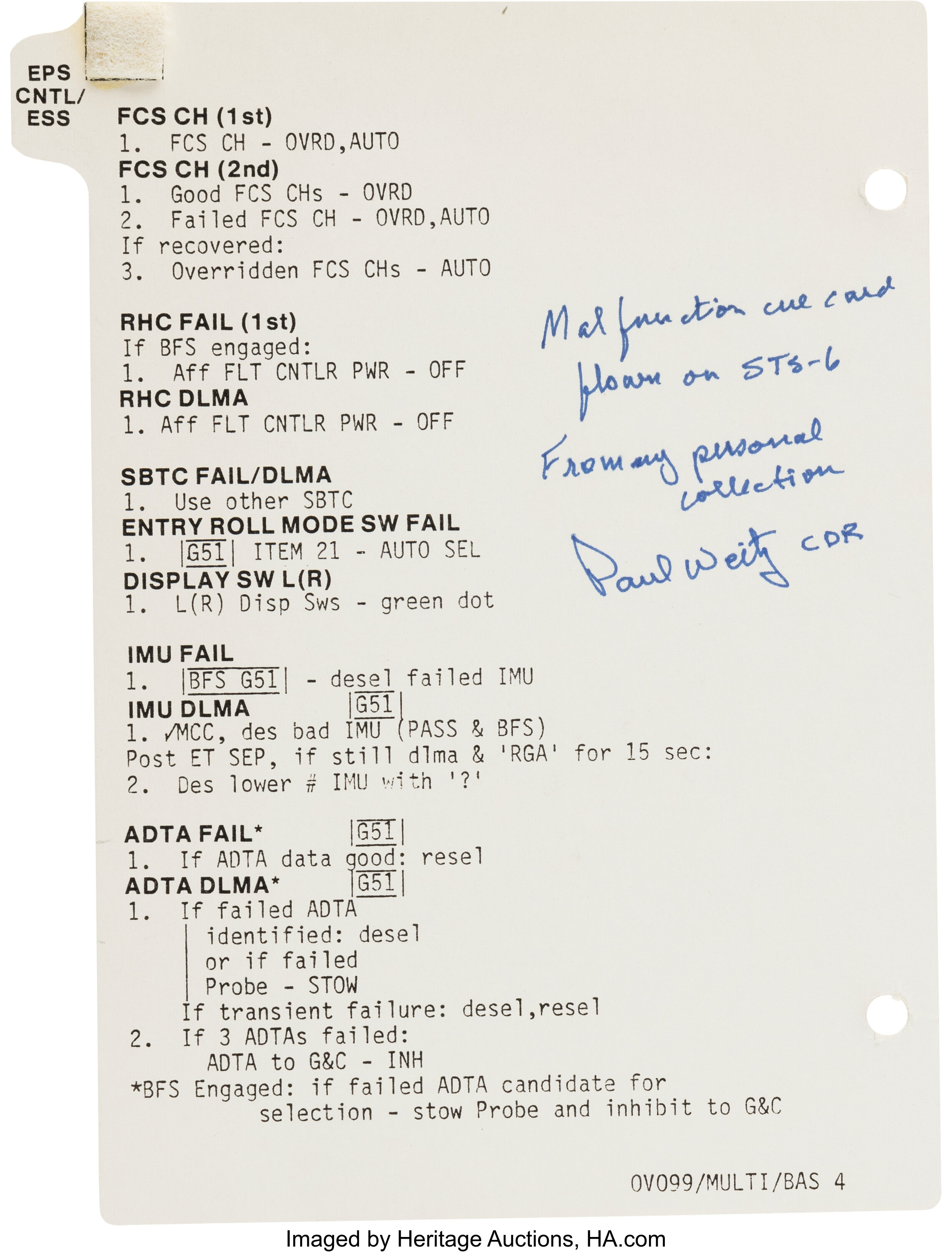 Space Shuttle Challenger (STS-6) Flown Malfunction Procedure Cue | Lot ...