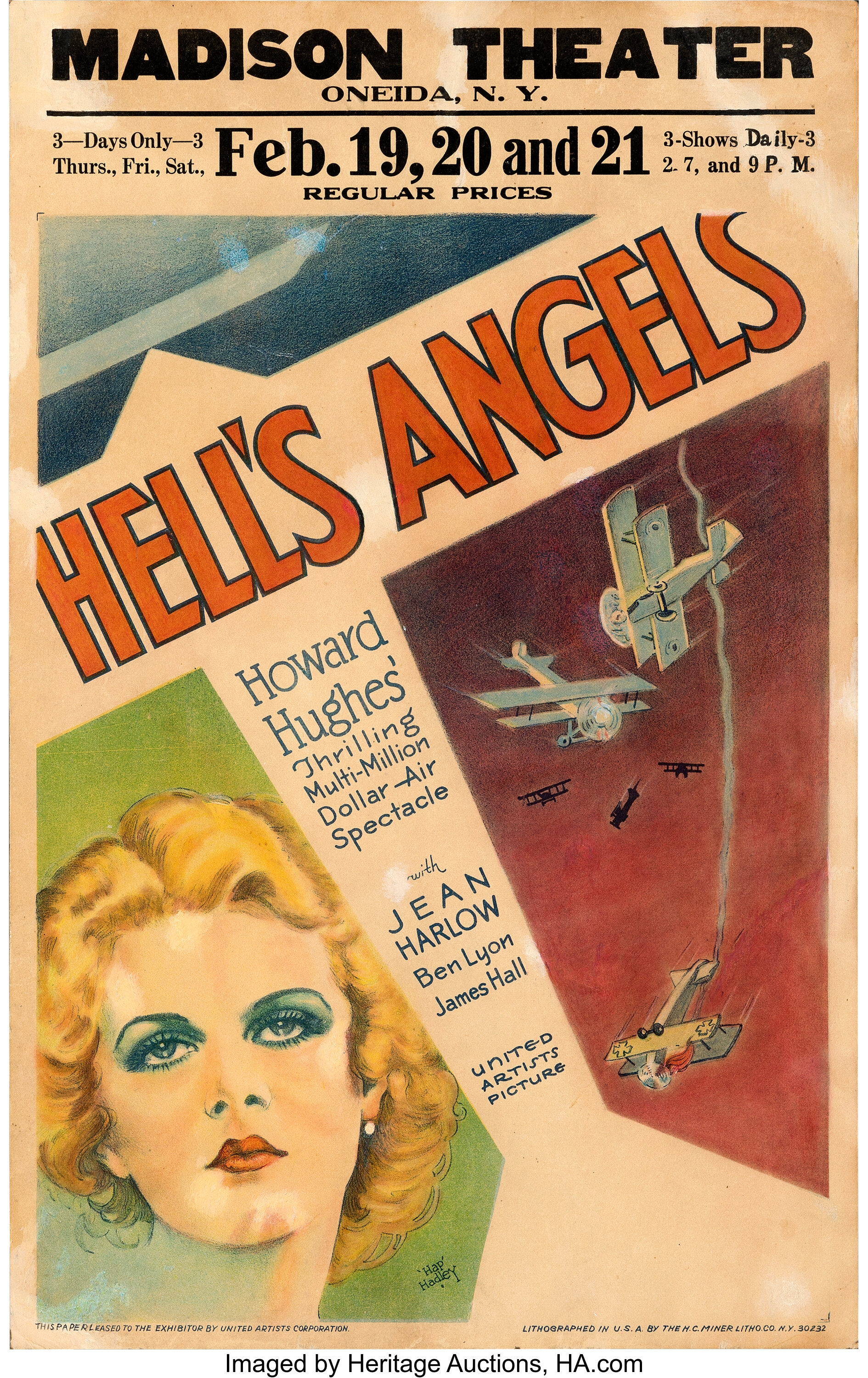 Hell's Angels (United Artists, 1930). Fine- on Cardstock. Window | Lot ...