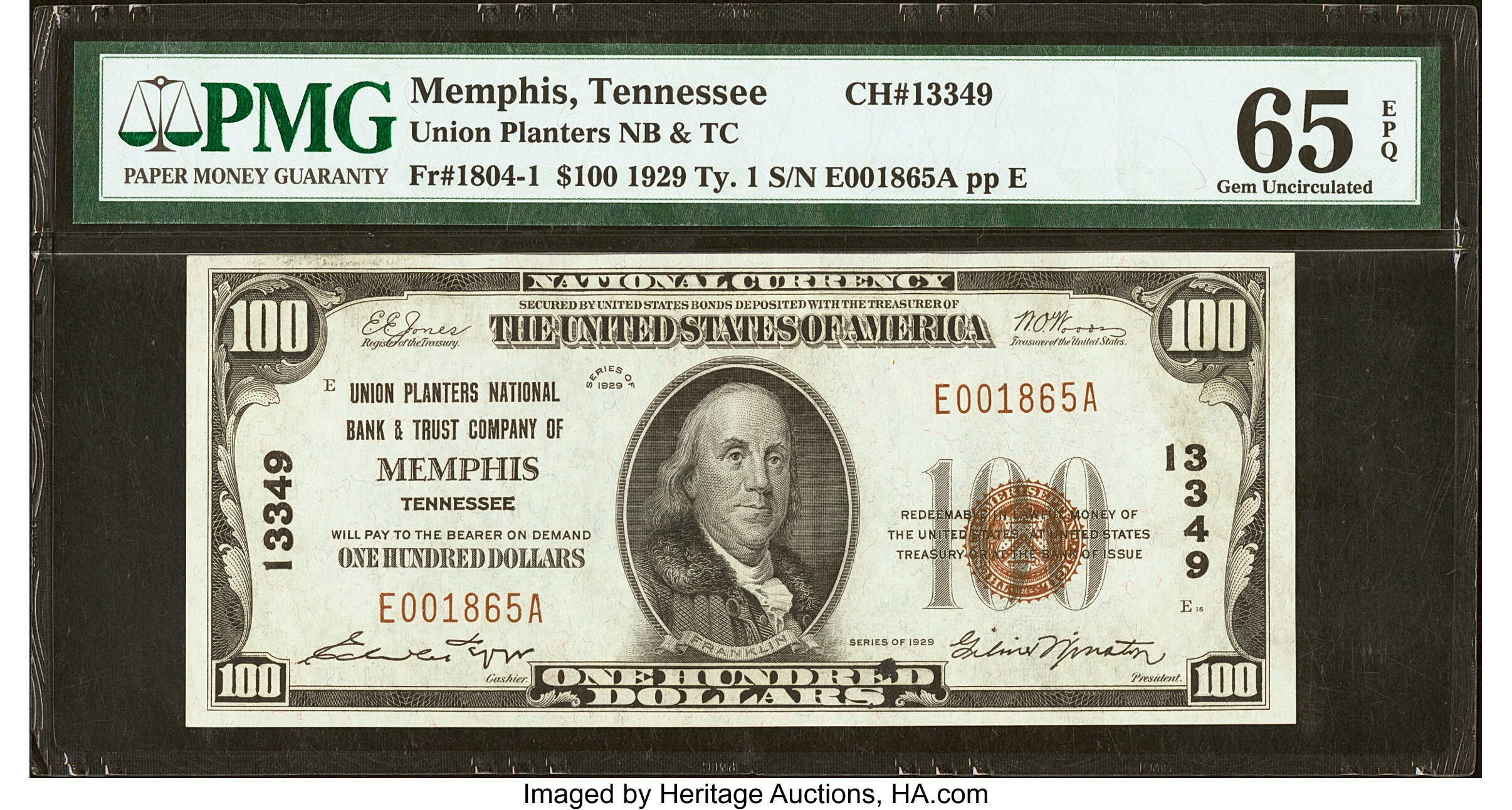 Memphis, TN - $100 1929 Ty. 1 Union Planters National Bank & Trust ...